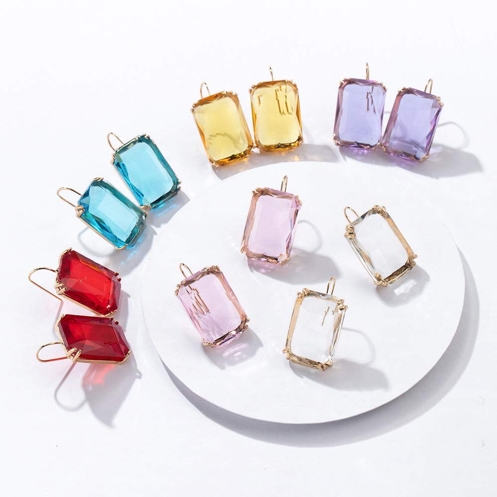 Square Transparent Glass Drop Earrings for Women Multicolor Trendy Geometric Dangle Earrings Minimalist Statement Jewelry Wedding Gift-6 Set