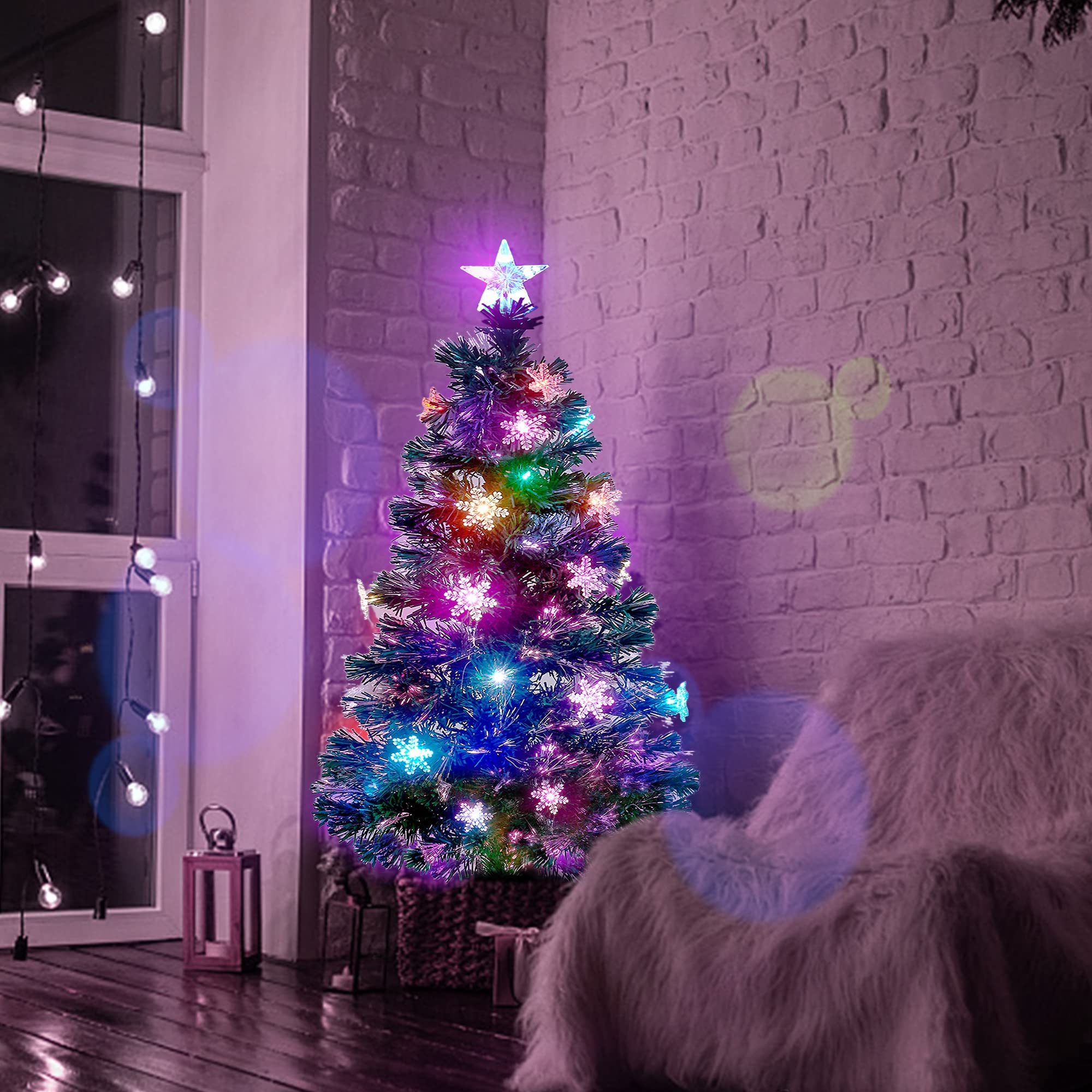 Prsildan 3 FT Artificial Christmas Tree, Pre-Lit Optical Fiber Xmas Trees with Multicolor LED Lights, Snowflakes & Top Star, Lighted Christmas Tree Holiday Home Decor