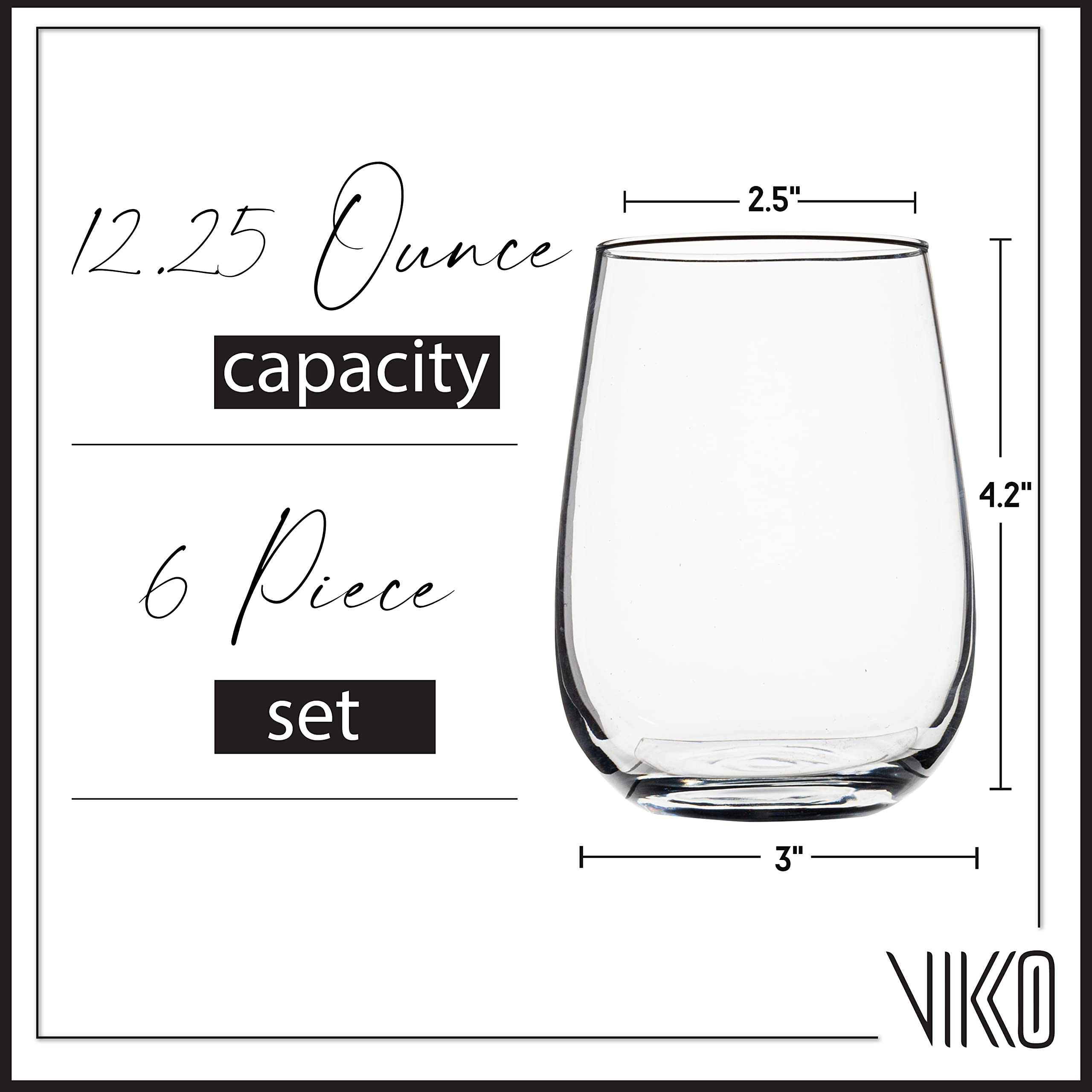 Vikko 12.25 Ounce Stemless Wine Glasses | – Dishwasher Safe – For Parties, Weddings, and Everyday – Great Gift Idea – Set of Six Stemless Wine Glass Tumblers