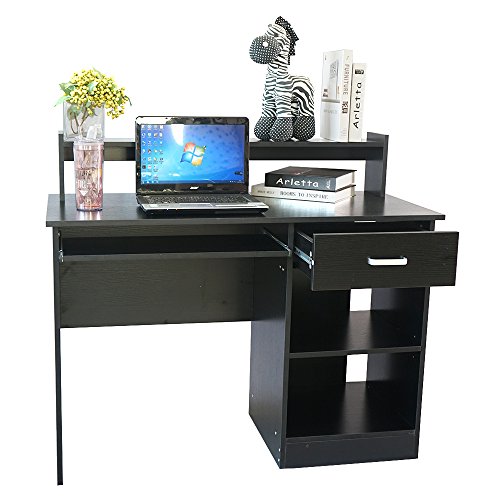 SSLine Computer Desk with Storage Shelves, 2 Tier Bookshelf one Drawer, Keyboard Tray, Home Office Writing Workstation Table, Laptop Desk, Bookshelf, Space-Saving, Black