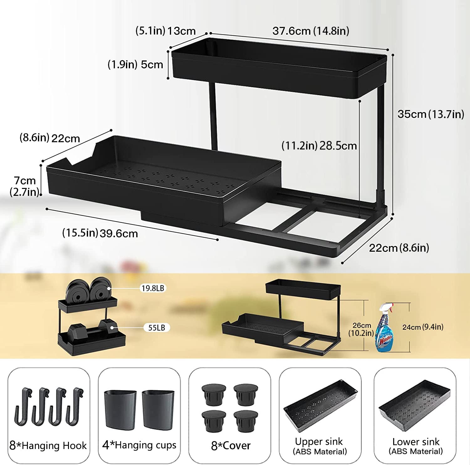 UWBGRT 2-Tier Under Sink Organizers and Storage π Pack Sliding L-Shape Bathroom Kitchen Cabinet Organizers with Hooks,Hanging Cups, Narrow Space Storage Multi-Purpose Sink Organizer