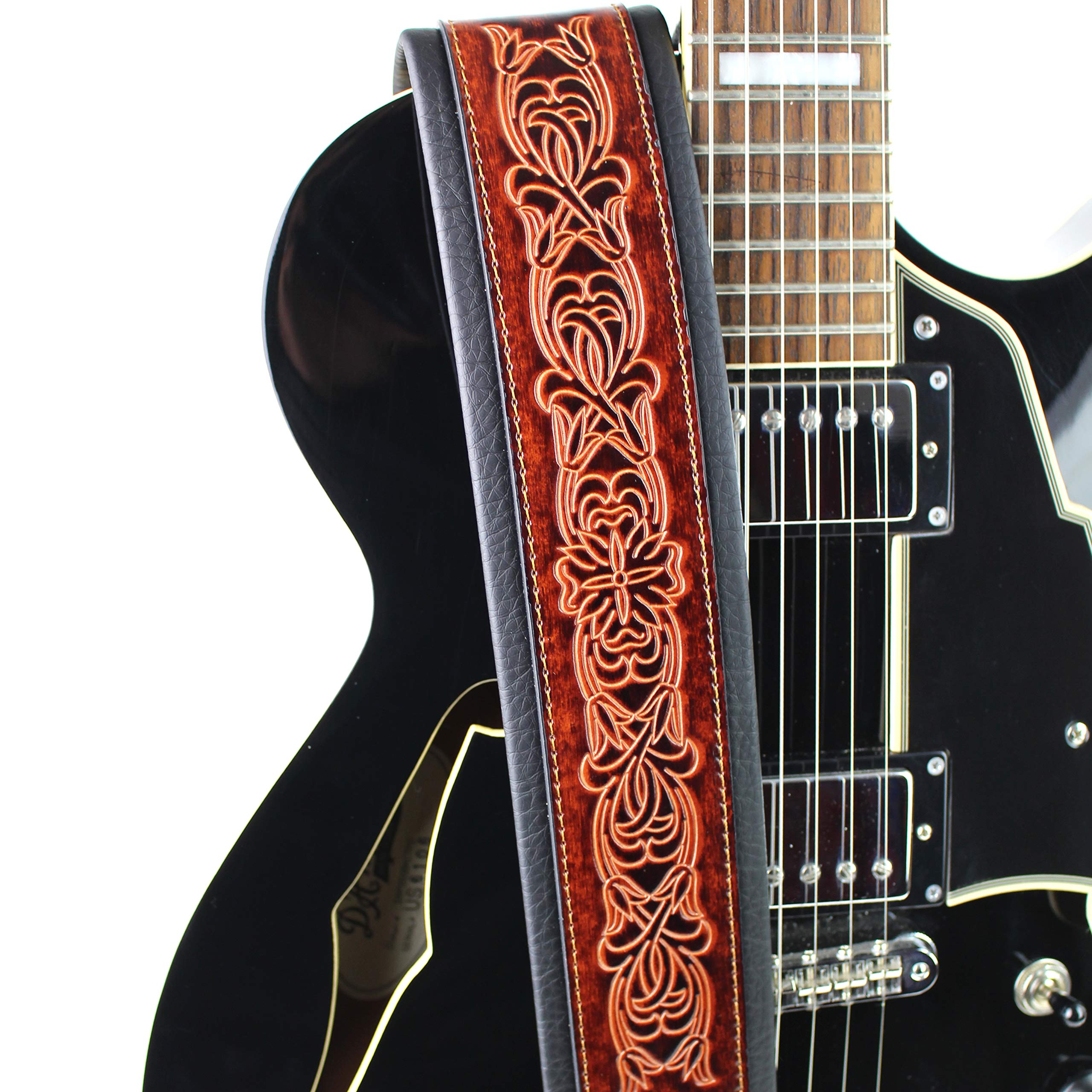 Walker And Williams GB-22 Bourbon Brown Padded Guitar Strap with Fleur De Lis & French Chain Design For Acoustic, Electric, And Bass Guitars