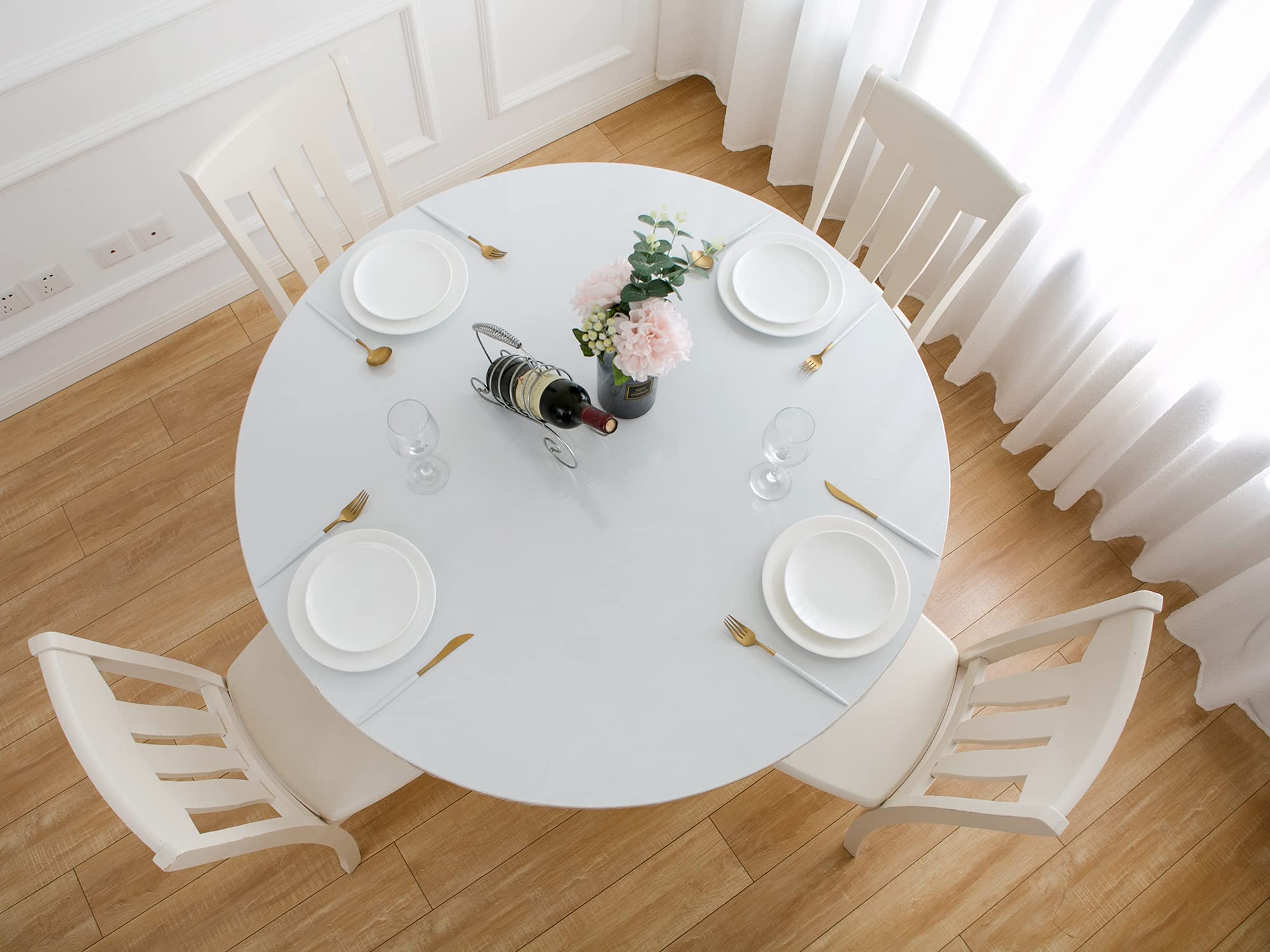 SSTYYXIA Flannel Backed Fitted Vinyl Tablecloth with Elastic Edge Waterproof Oil-Proof Stain Resistant PVC Round Table Cover for Kitchen (clear, 45~56 INCH round tight fit)
