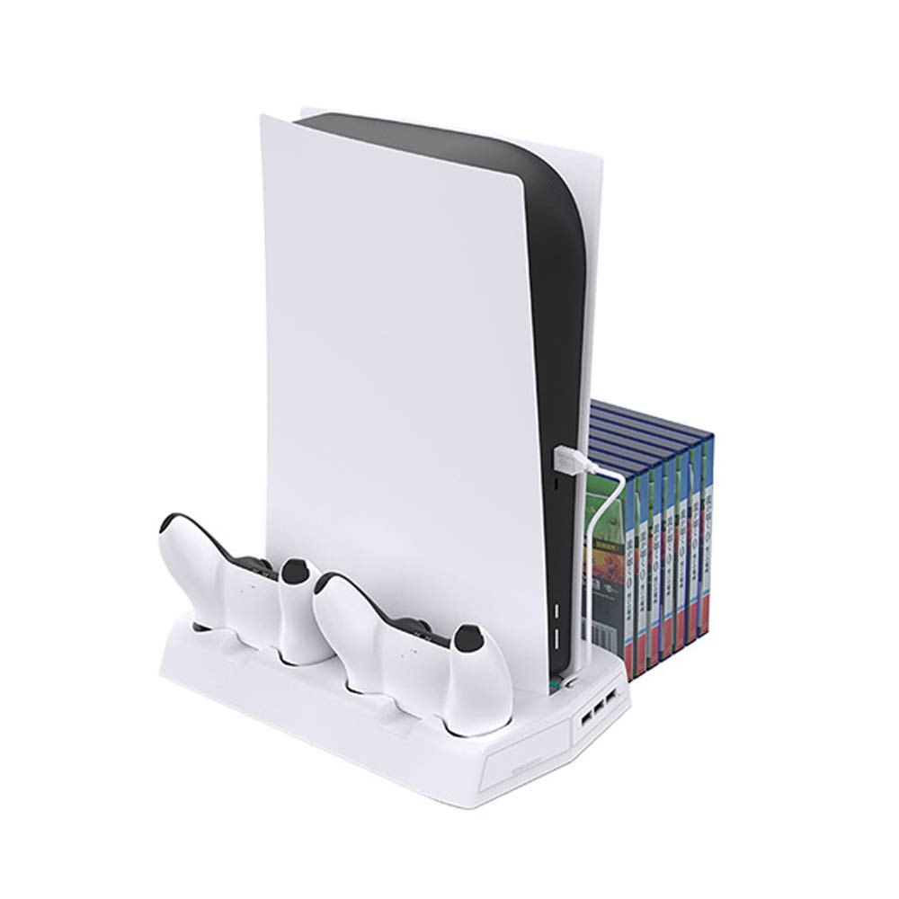 Vertical Stand for Playstation 5 with Cooling Fan Charging Station for PS5 Digital/CD-ROM Edition Console with 14 Game Storage Organizer 3 USB Port for PS5 and DualSense (White)