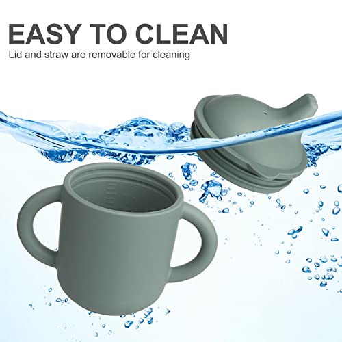 Yaomiao Silicone Sippy Cup Training Cup for Baby over 6 Months Spill Proof Soft Sprout and Handles Lid Baby Cup for 6-12 Months Babies Toddlers Infants, 6 Oz/ 180 ml(Blue, Light Gray)