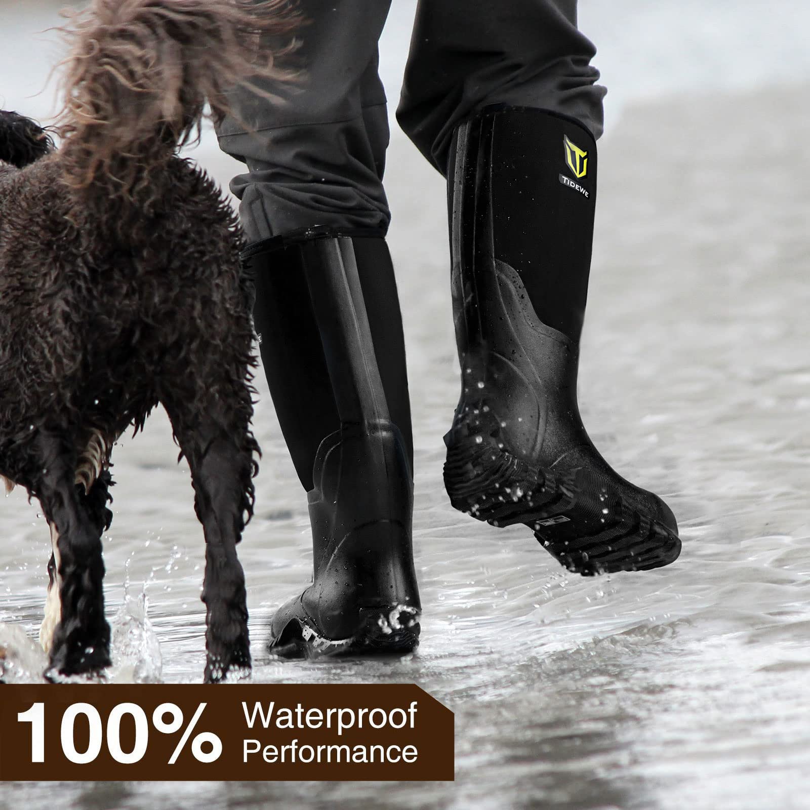 TIDEWE Rubber Boots for Men Multi-Season, Waterproof Rain Boots with Steel Shank, 6mm Neoprene Durable Rubber Outdoor Hunting Boots Size 9