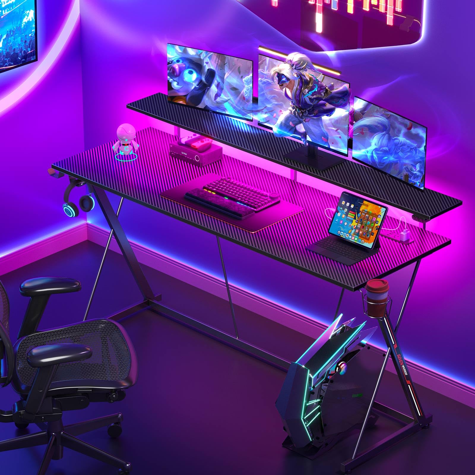 SEVEN WARRIOR Gaming Desk with LED Lights & Power Outlets, 55" Computer Desk with Monitor Shelf, Home Office Desk with Cup Holder and Headphone Hook, Ergonomic, Carbon Fiber Surface Black