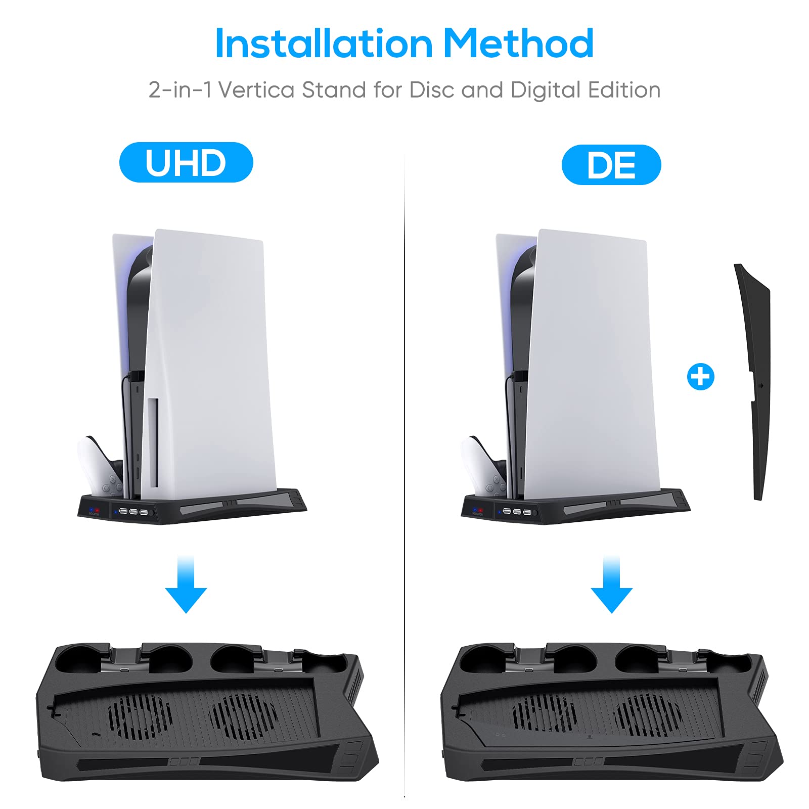 YUANHOT Vertical Cooling Stand Compatible with PS5 Console, Charging Station Dock with Dual Controller Charger Ports and Cooling Fan System