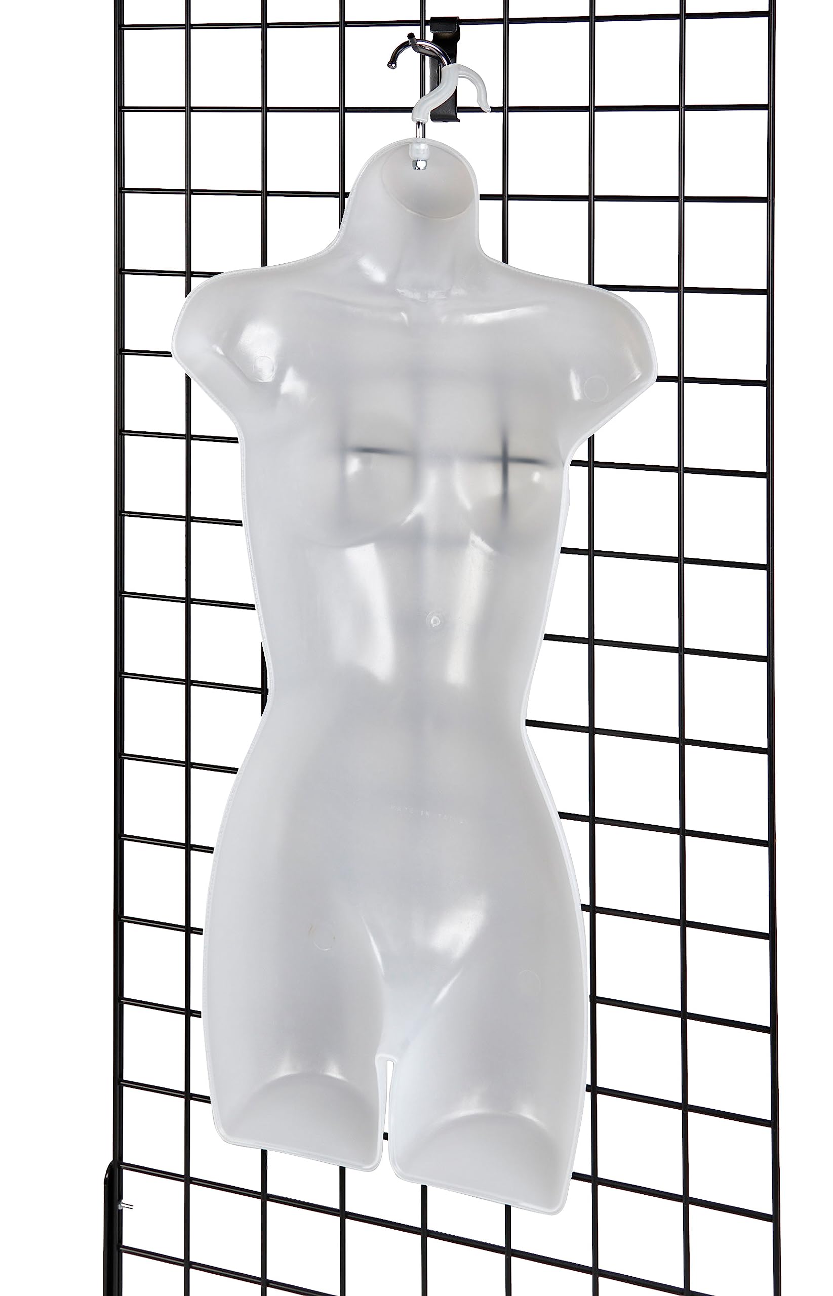 SSWBasics Female Molded Shatterproof Frosted Shapely Torso Form with Hook - Fits Women's Sizes 5-10 - Hanging Fashion Form Mannequin to Display Top and Bottom Merchandise