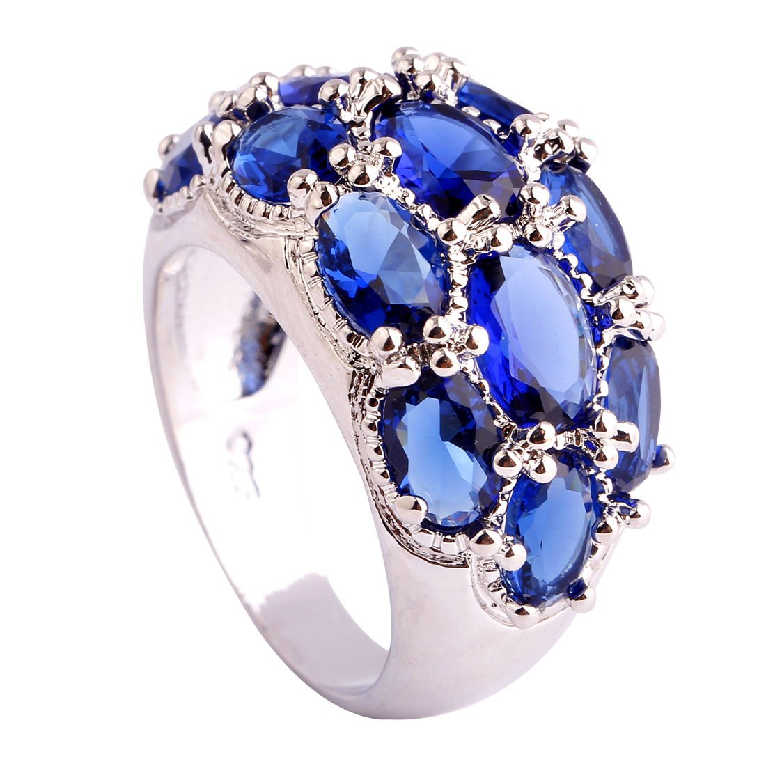Veunora 925 Sterling Silver Sapphire Quartz Filled Cubic Zirconia Cluster Ring for Women Size 6