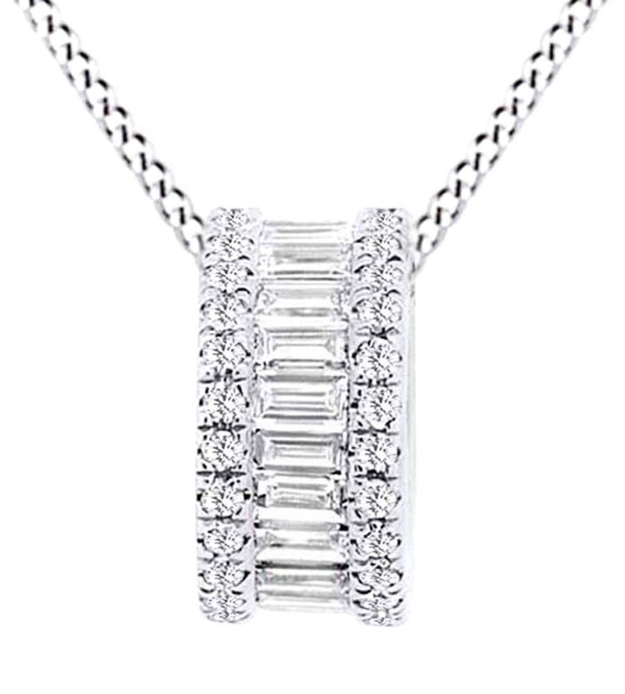 Round & Baguette Cut 0.50 Cttw White Natural Diamond Barrel Pendant Necklace In 10K Solid White Gold