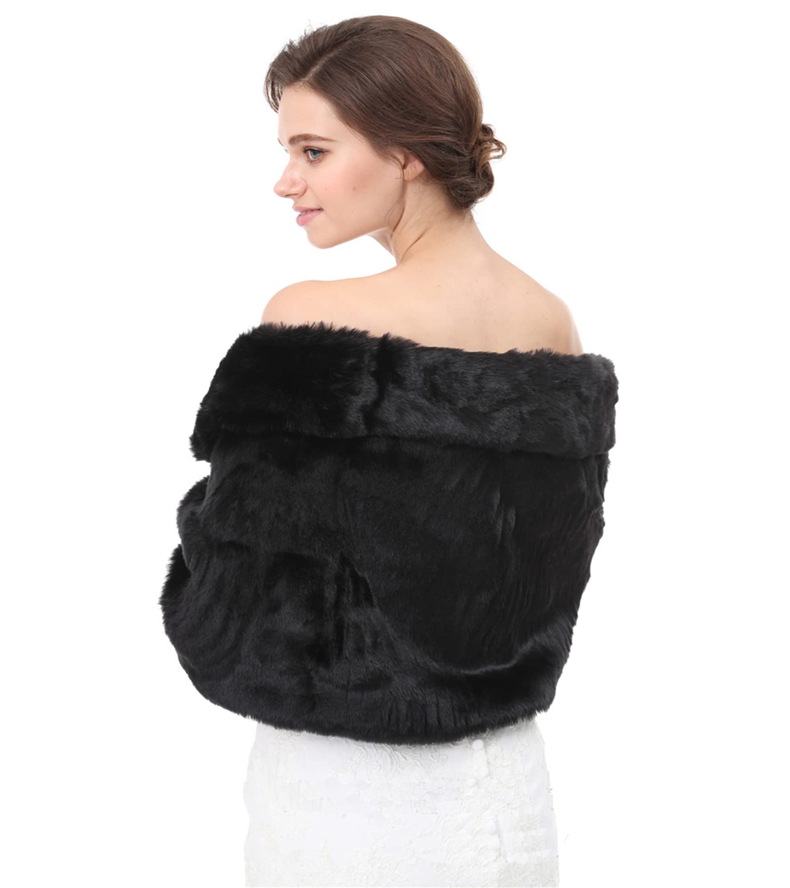 XMLMRY Faux Fur Shawl Women's Wrap Stole Shrug Luxury Winter Wedding Evening Party Bridal Bridesmaid Cover Up (Black, Lengthen)