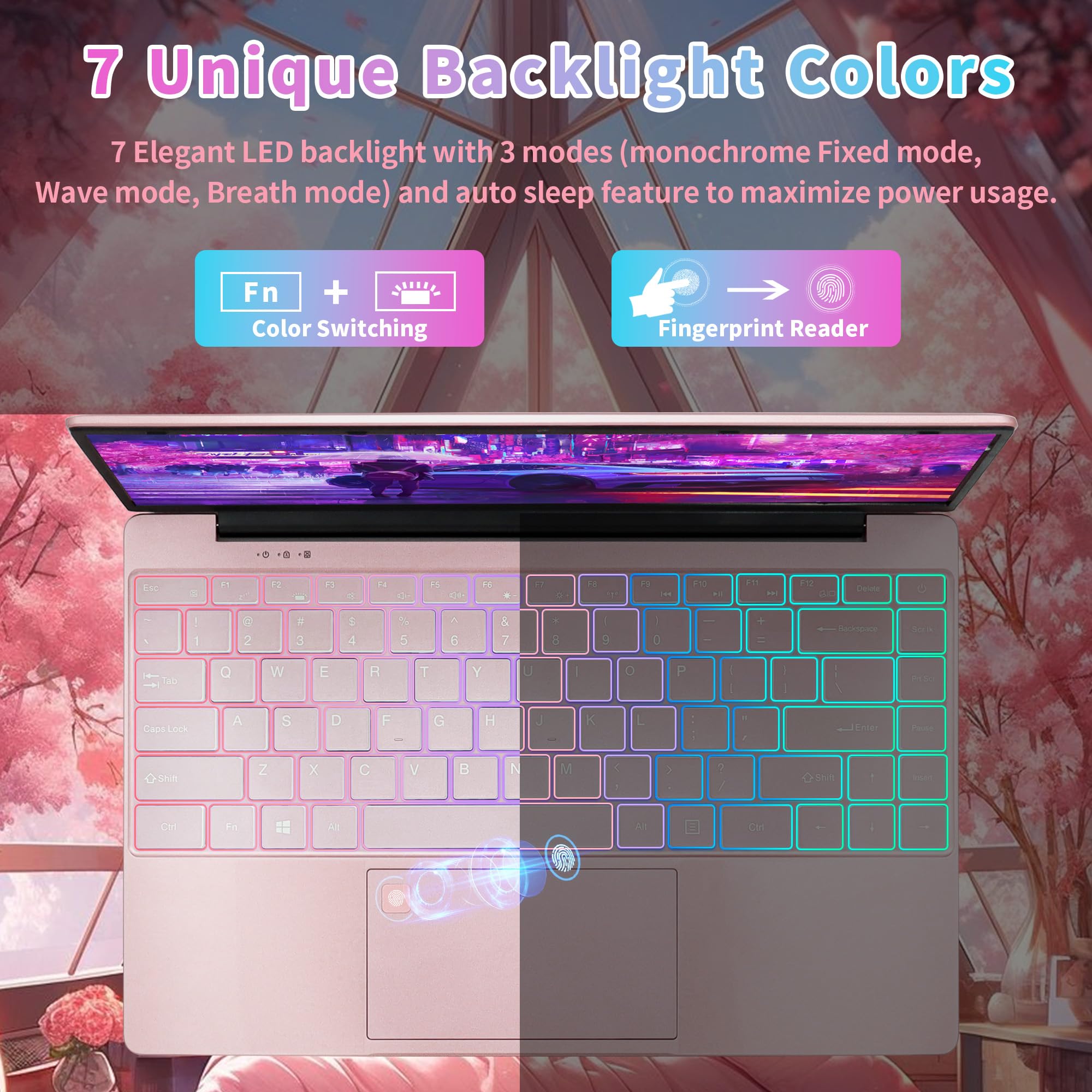 Rumtuk 【Win 11 Pro/Office 2019】4K Laptop 14'' Narrow Bezel UHD (3840x2160) IPS Display,Celeron N5095 CPU,16GB RAM,256GB SSD,Color Backlit KB,Fingerprint Reader,WIFI,Bluetooth,HDMI,Rose Gold(16G+256G)