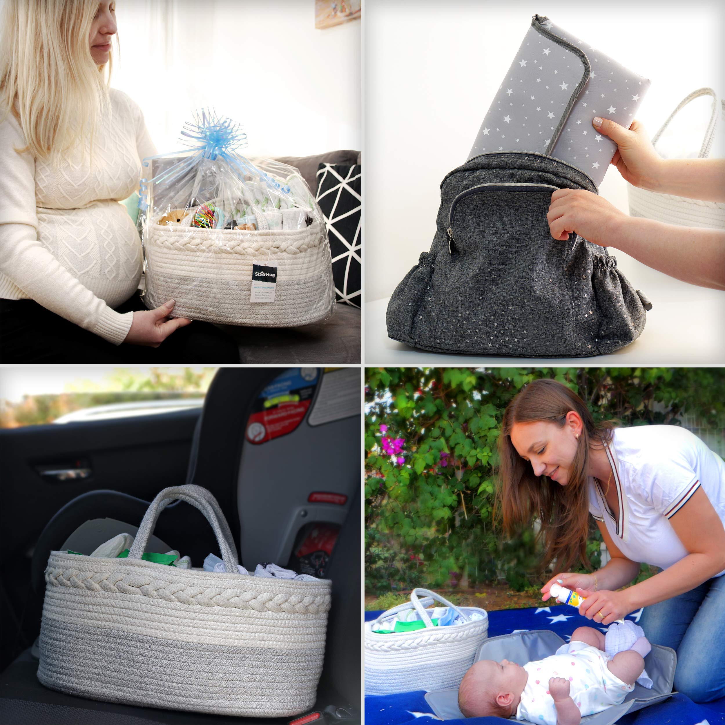 StarHug Baby Diaper Caddy Organizer β Baby Shower Basket with 2 Inner Pockets, Cleanable Interior, 100% Cotton Rope, Eco-Friendly, Large (Diaper Caddy + Portable Changing Pad)