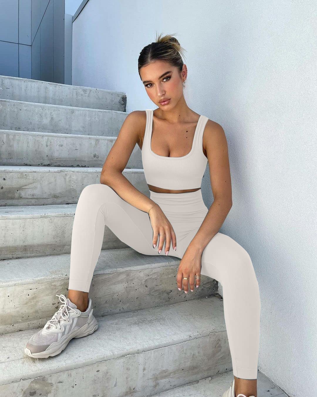 Workout Outfits for Women 2 Piece Set Seamless Ribbed Crop Tank Top Yoga Leggings Set Tracksuit