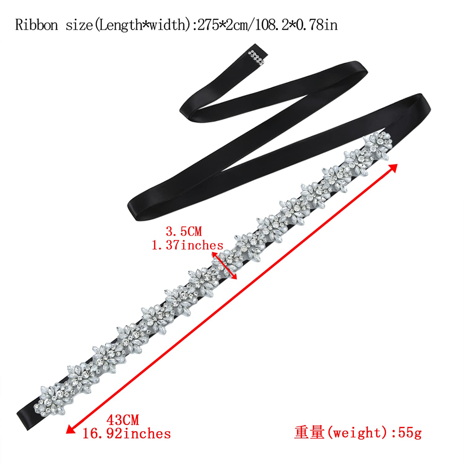 Top Queen Women's Crystal Diamond Bridal Belt Sashes Wedding Belts Sash for Wedding, Black, One Size