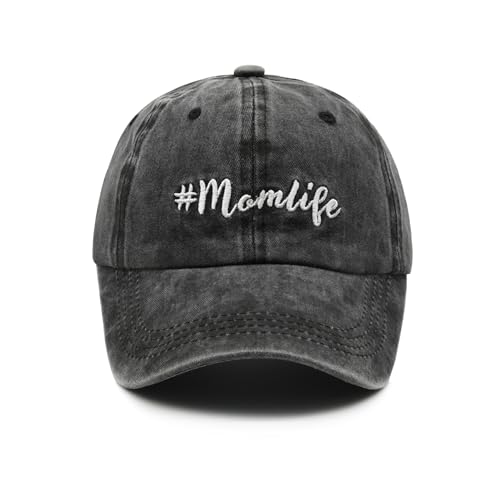 Waldeal Women's Adjustable Embroidered Mom Life Hat Vintage Washed Baseball Cap Black