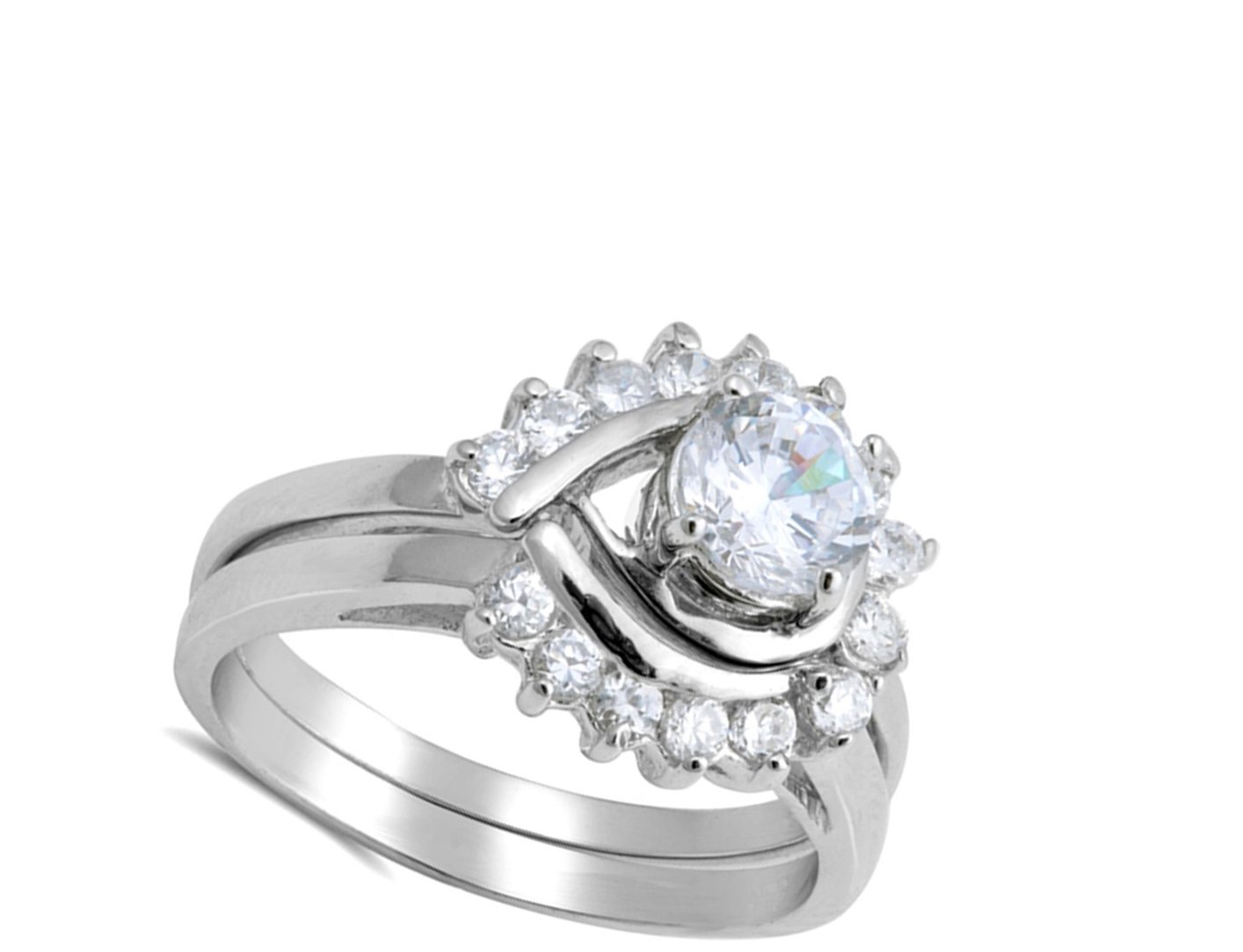 Round Clear CZ Solitaire Wedding Ring Set .925 Sterling Silver Band Size 9