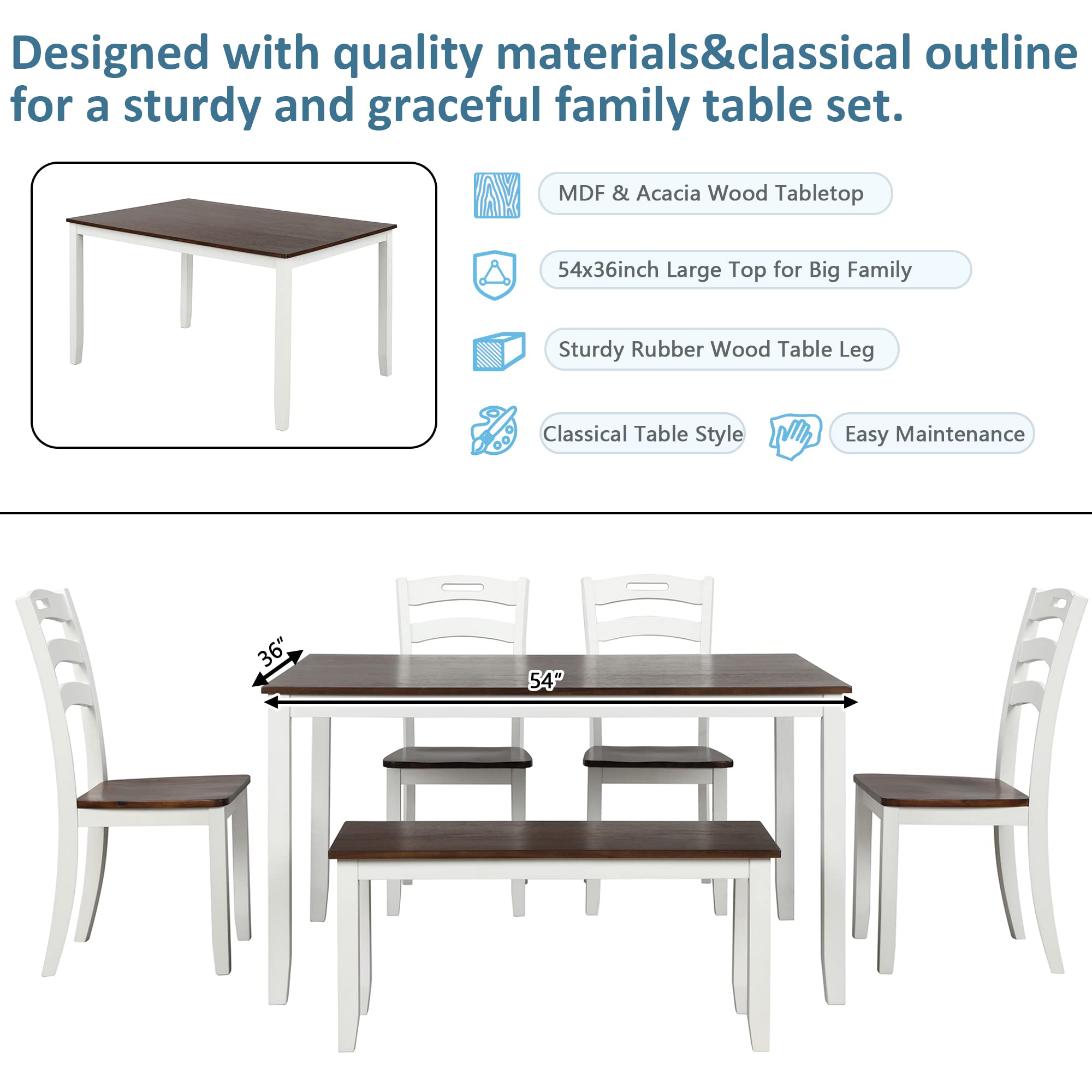 RUNWON Piece Family Rectangular Dining Table Set for 6,Farmhouse Rustic with 4 Chairs and 1 Bench Ideal for Kitchen, OneSize, Ivory
