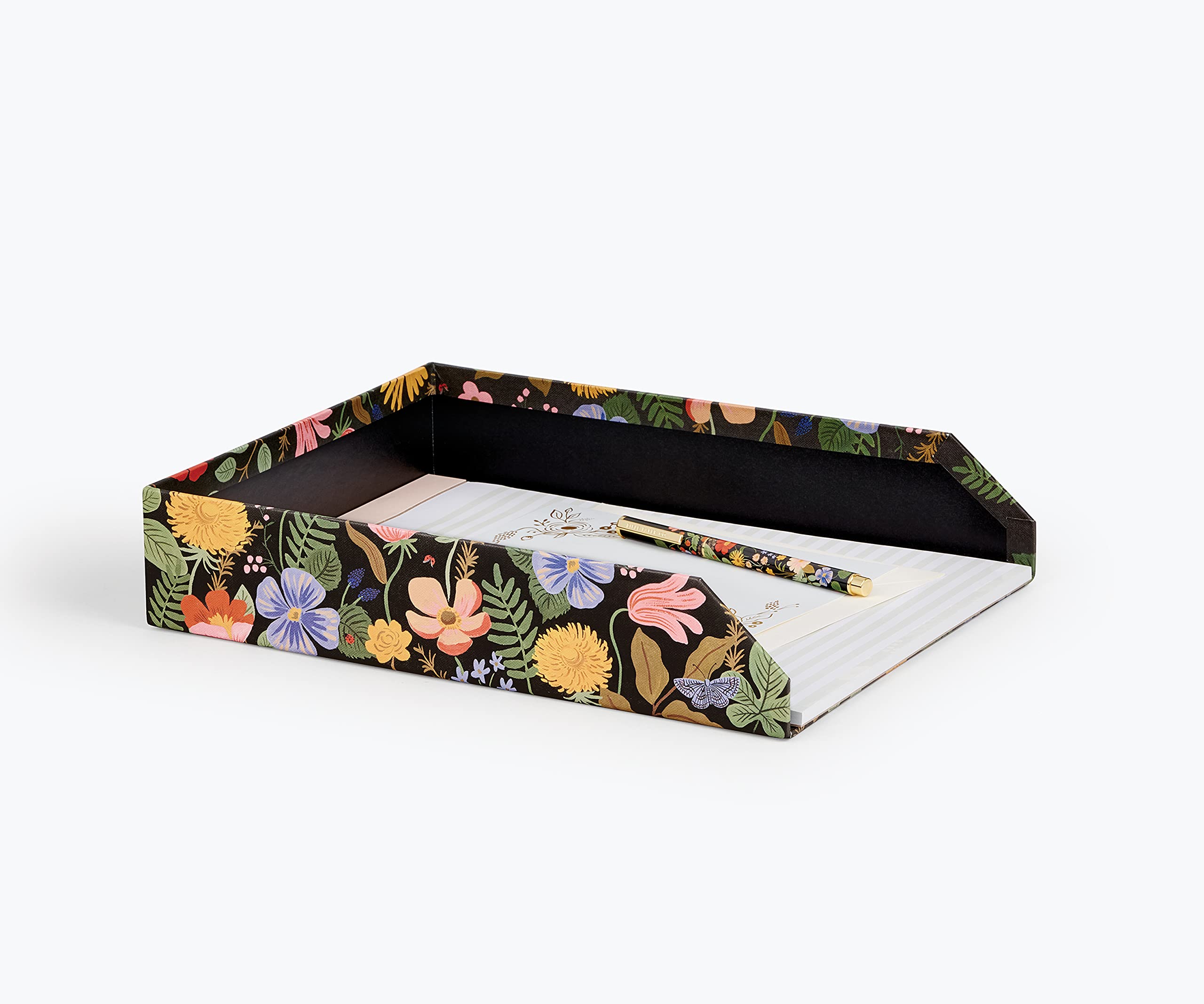 Rifle Paper Wrapped Desk Strawberry Fields Bundle with Desk Organizer, Magazine Holder, Letter Tray, Pencil Cup, and Writing Pen. Features Full Color Illustrations of Strawberry Fields Print.