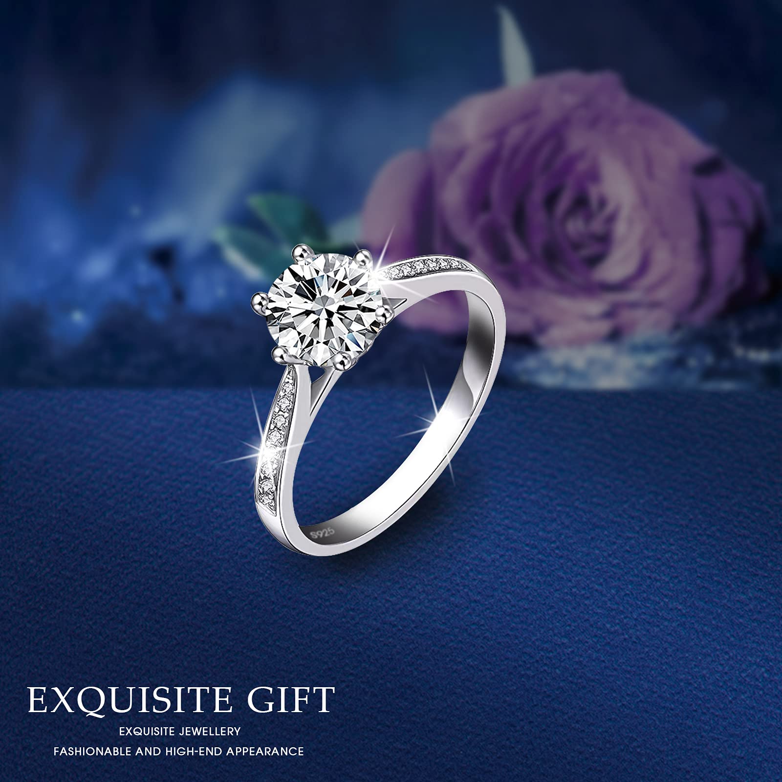 YUPHUNY 1 Carat Round Cubic Zirconia Silver Classic Engagement Ring Ladies Proposal CZ Wedding Ring Size 6-9