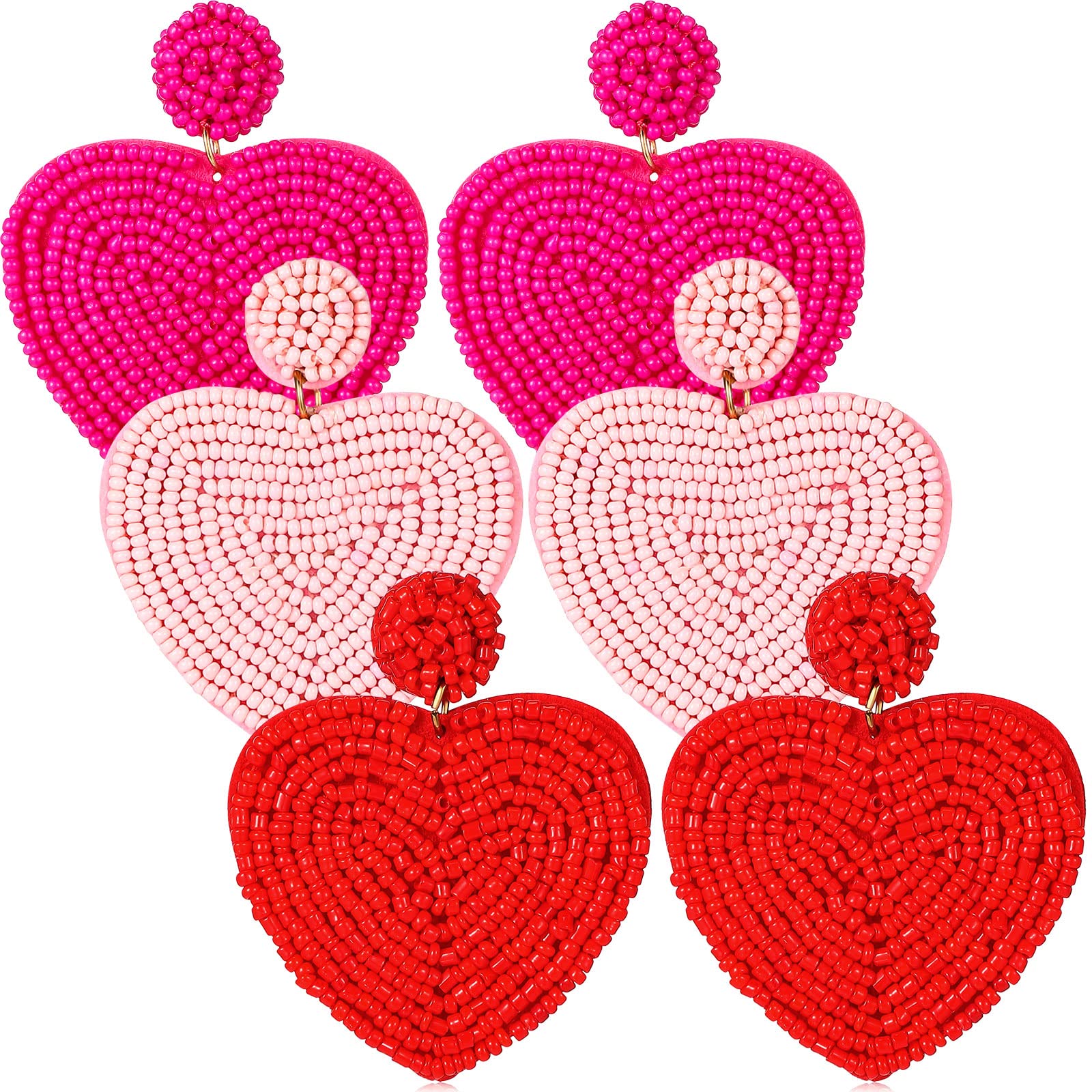 Valentine's Day Heart Earrings 3 Pairs Heart Beaded Earrings Statement Drop Earrings Handmade Seed Bead Heart Earrings (Pure)