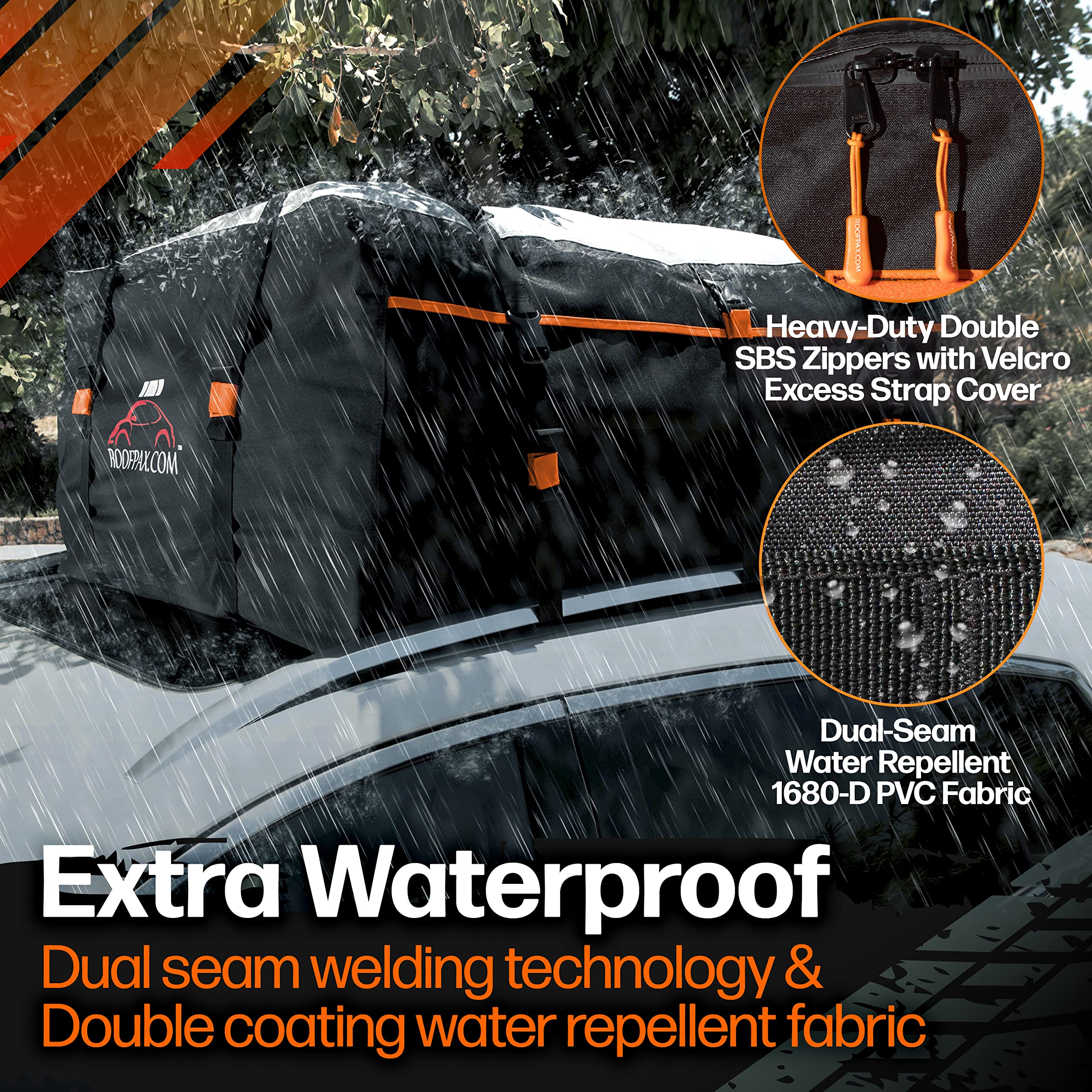 RoofPax Expandable 15/19 cft. Car Rooftop Cargo Carrier Bag Waterproof Storage Including Double Zippers Integrated Mat 10 Heavy-Duty Tie-Down Straps fit Cars with/Without Roof Top Rack or Side Rails