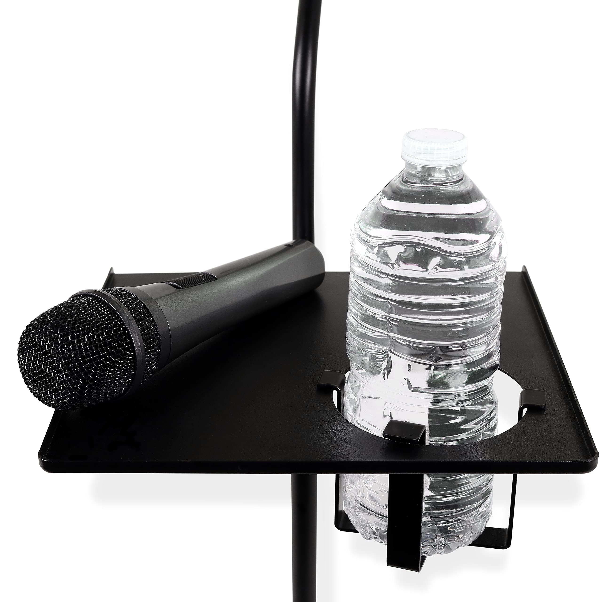 Techsol Microphone Stand Accessory Tray Clamp-On with Drink Holder in Black Steel 7.8 x 8.6 inches (20 x 22 centimeters)