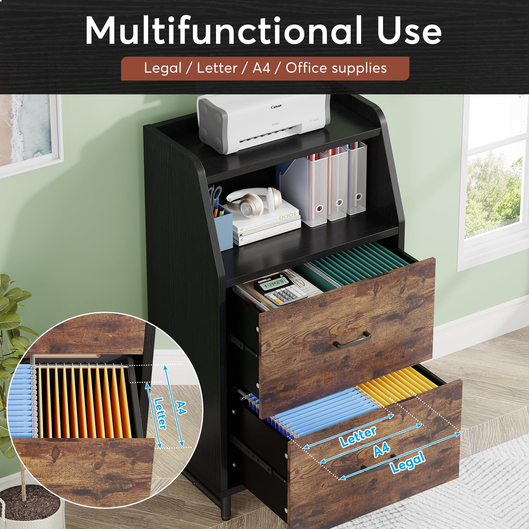 Tribesigns 2 Drawer Lateral File Cabinet, Modern Filing Cabinet with Open Storage Shelves, Wood Storage Cabinet Printer Stand Fits Letter/Legal/A4 Size for Home Office