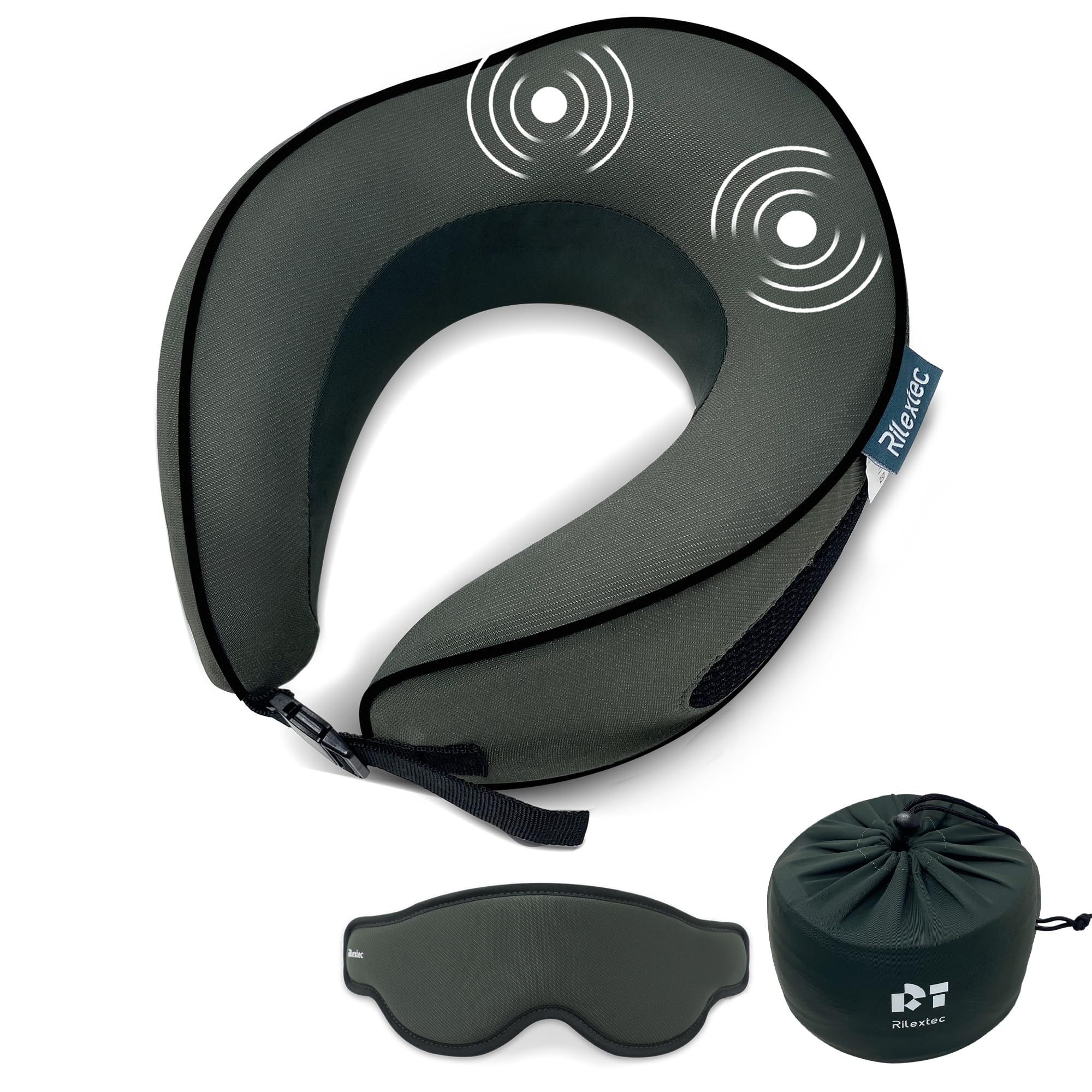 Rilextec Travel Pillow Neck Pillow for Travel Vibrate Neck Massager for Office Work with Breathable Cover & Memory Foam, Kit with one Eye Mask for Sleeping for Travel