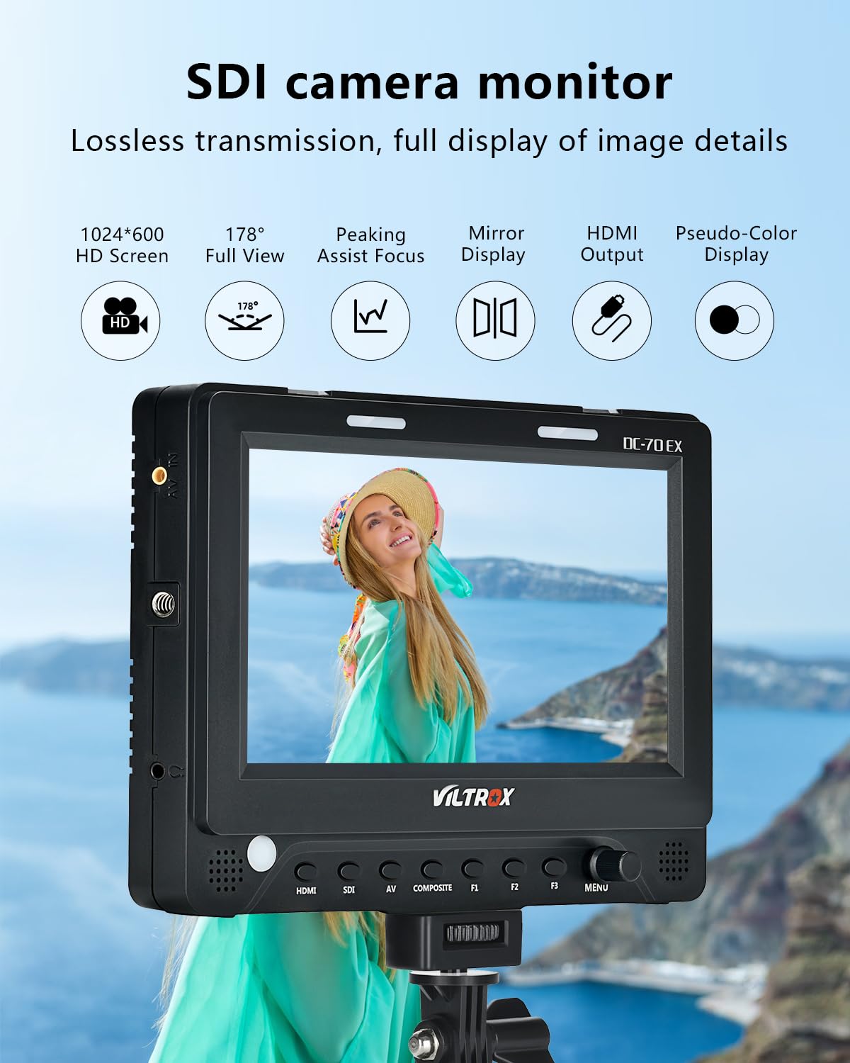 VILTROX DC-70EX 7" 4K HD 1024x600 HDMI/SDI/AV Input Output Camera Video LCD Monitor Display for DSLR, with hot Shoe Adapter