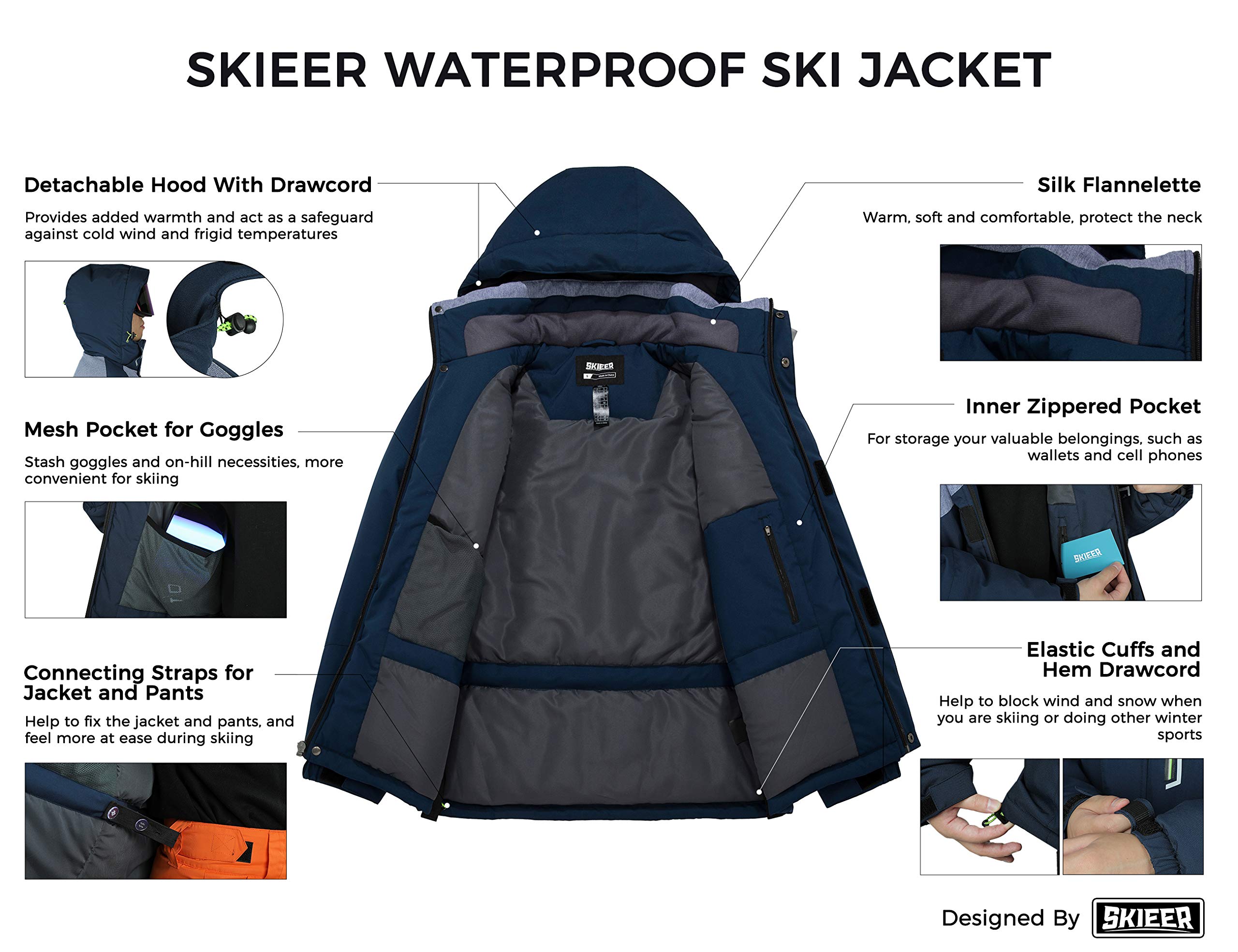 Skieer Men's Ski Rain Jacket Waterproof Snow Sportswear Winter Coat Blue L