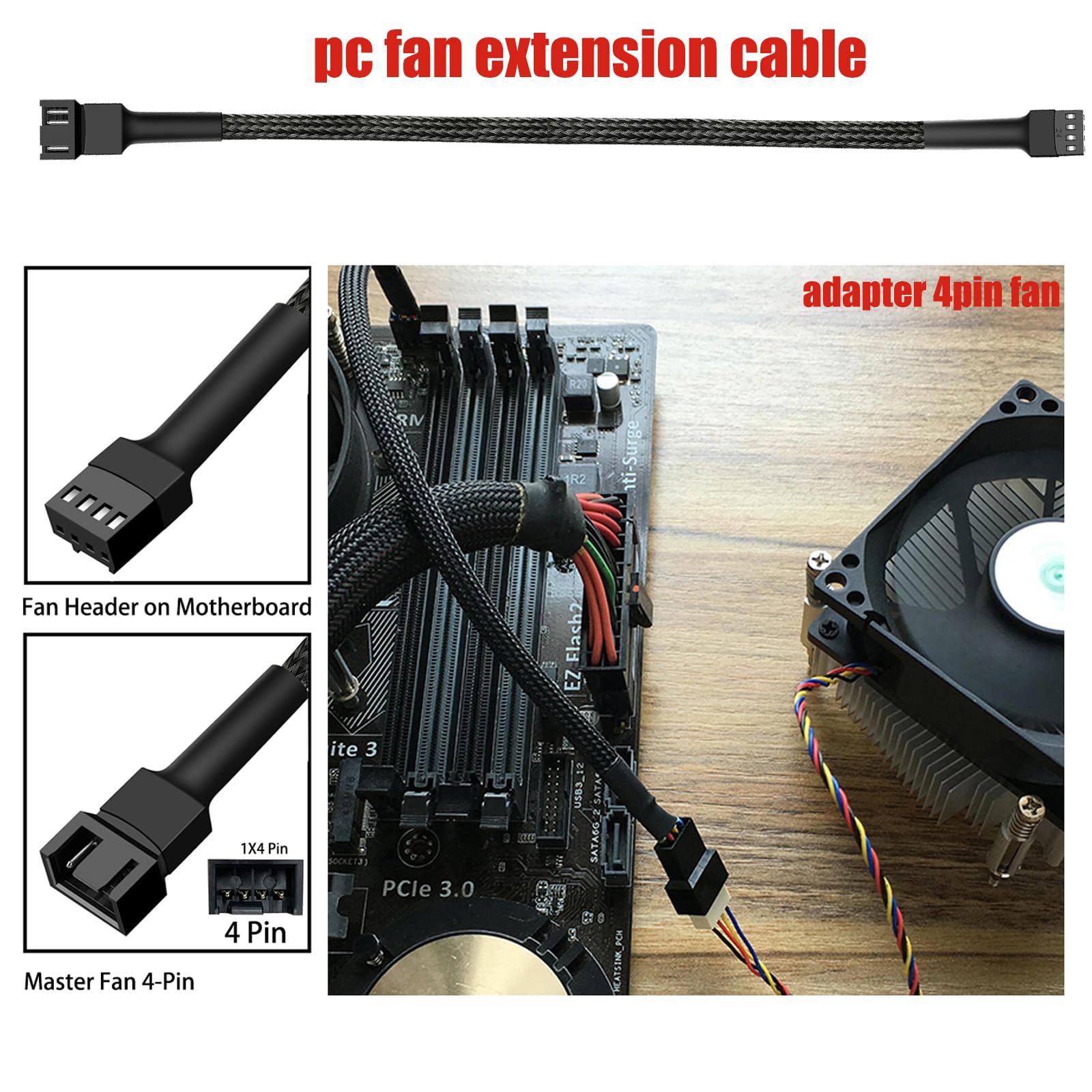 skineat 11.8" pwm Fan Extension Cable,4 pin Fan Extension Cable,Cable Extension pc,3-Pin/4-Pin Cooling Fan Extension Cable Wire (11.8"(30cm) 10pcs)