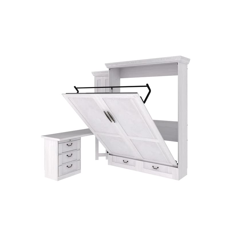 RoomAndLoft Imperial Queen Solid Wood Murphy Wall Bed and Shelf Storage with Side Desktop and Drawers in White