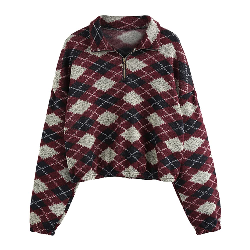 ZAFUL Women's Fashion Long Sleeve Lapel Half Zip Plain Faux Fur Sweatshirt Solid Color Crop Pullover Tops (L, Deep Red-Ethnic Print)