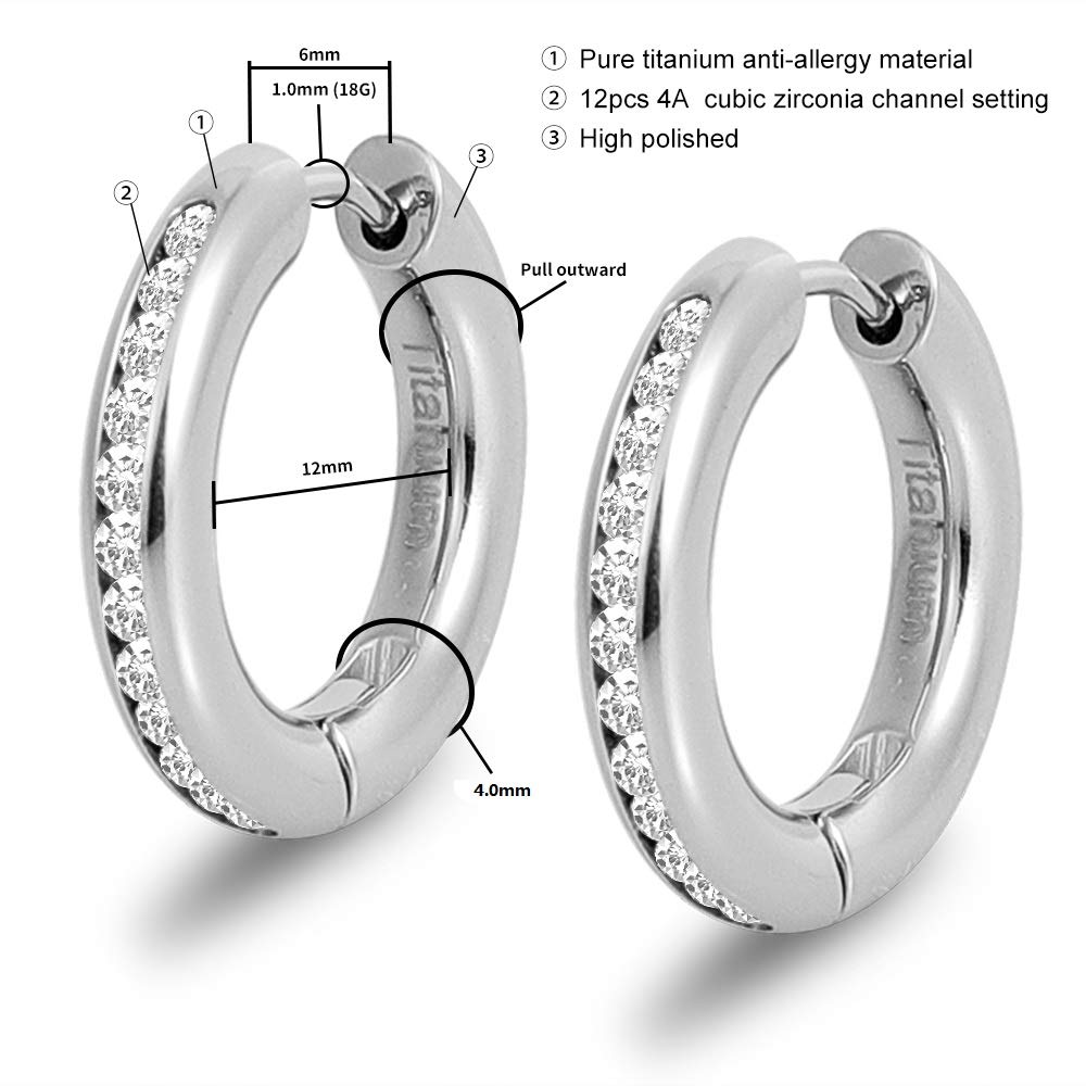 Titanium Earrings for Sensitive Ears, Titanium Hoop Earrings for Men Women, Hypoallergenic Titanium Huggie Earrings (Silver 12mm)