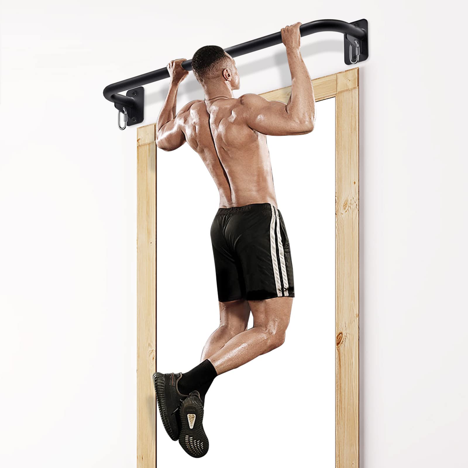SELEWARE Fully Welded Pull Up Bar Wall Mount Heavy Duty Chin-up Bar w/Resistance Band Hooks for Doorway, Support Beam or Joist Mount Thick Metal Sturdy Construction Support 500 lbs