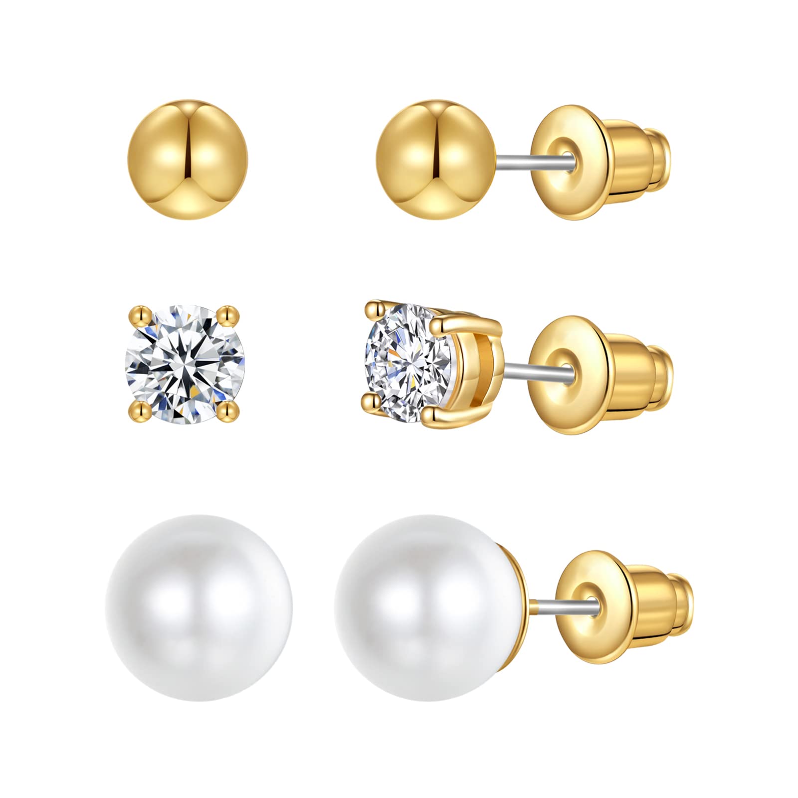 WOWORAMA 3 Pairs Pearl Stud Earrings for Women 18K Gold Plated Ball Stud Earrings Tiny CZ Cubic Zirconia Pearl Stud Earring Set Small Lightweight Stud Earrings