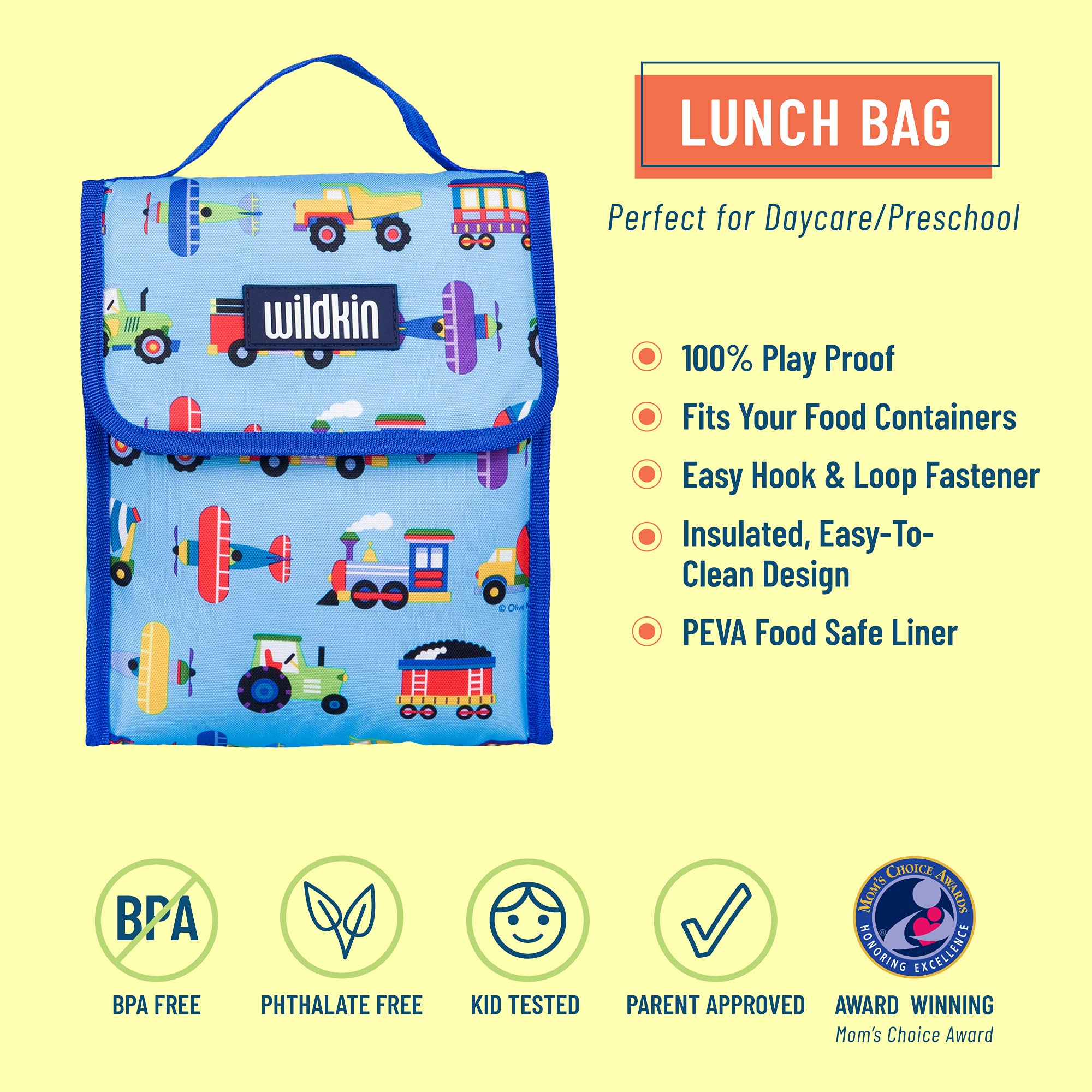 Wildkin 12 Inch Backpack and Lunch Bag Bundle with 14 Ounce Steel Water Bottle (Trains, Planes & Trucks)