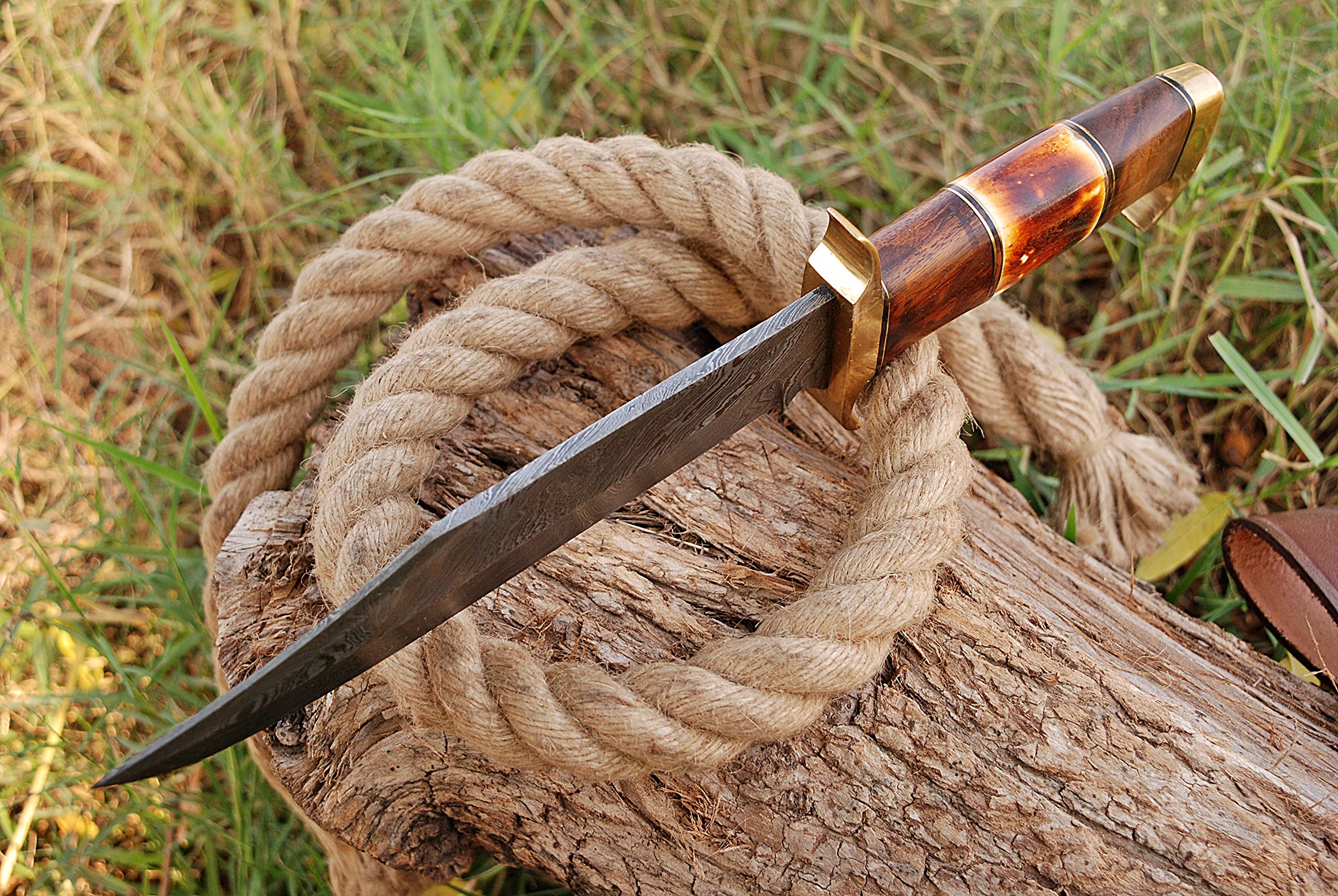 Zaildar Damascus Steel Bowi Knife Custom Handmade Knife Fixed Blade Knife Hunting Knives Survival Knife and Camping Knife with Bone and Rose Wood Handle with Leather Knife Sheath