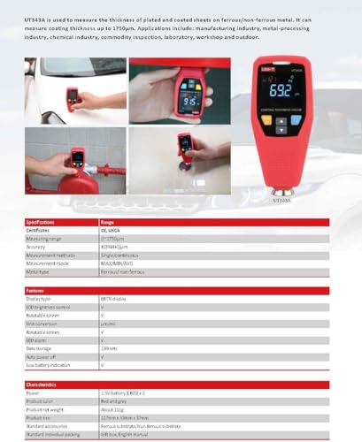UNI-T UT343A Digital Coating Thickness Composite Gauge Meter Automobile Paint Film Tester Measuring FE/NFE Paint Tool USB Data Storage Single-Point Multi-Point Quick Judgment Prompt