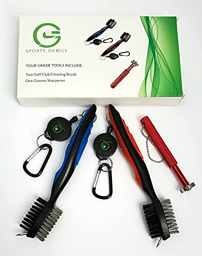 SportsGenics Golf Brush (Pack of 2) with a Golf Club Groove Sharpener - Double Sided Golf Club Cleaner - 6 Head Golf Groove Sharpener for Sharpening - Golf Club Cleaning kit - Golf Accessories