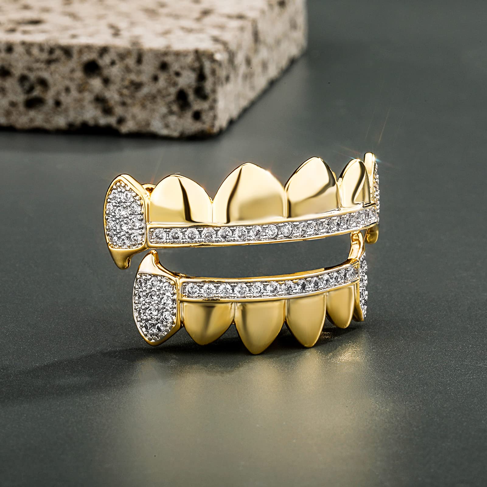 TOPGRILLZ Gold Hip Hop Teeth Grillz Micro Pave Cubic Zircon Top&Bottom Vampire Fangs Teeth Grills Set Holleween Gift Men Women (Yellow Gold)