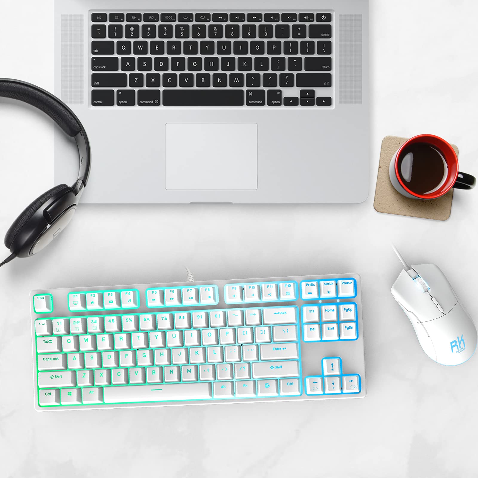 RK ROYAL KLUDGE Gaming Keyboard and Mouse Combo, Wired TKL Mechanical Keyboard and RGB 7200 DPI Mice, 87 Keys Computer Keyboard with Programmable Macro, Brown Switches-White Set