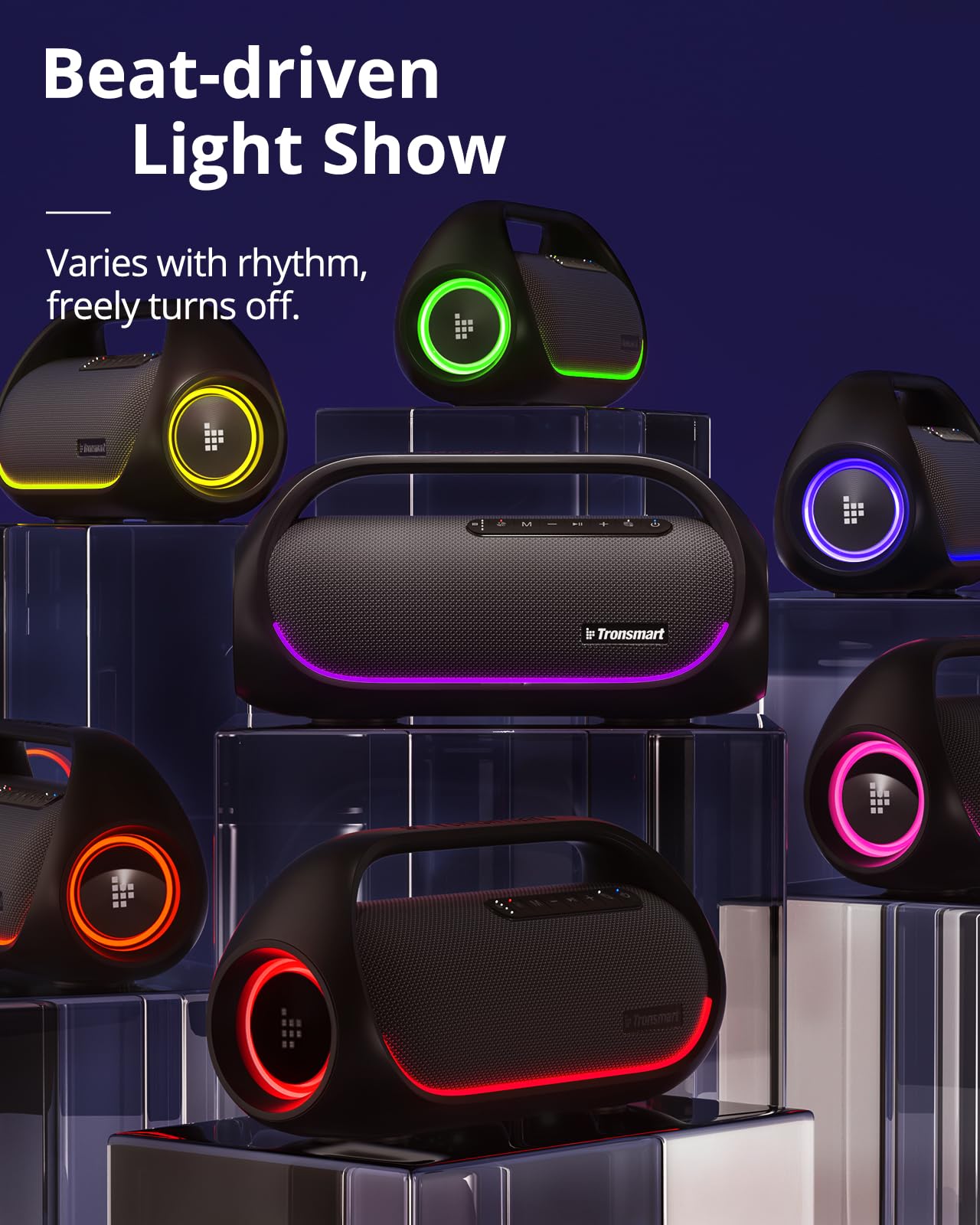 Tronsmart Bang(Upgraded) 60W Bluetooth Speakers with Subwoofer, IPX6 Waterproof Loud Bluetooth Speaker with 7 LED Color Light, 24H Playtime Bluetooth Portable Speaker with Handle for Outdoor, Party