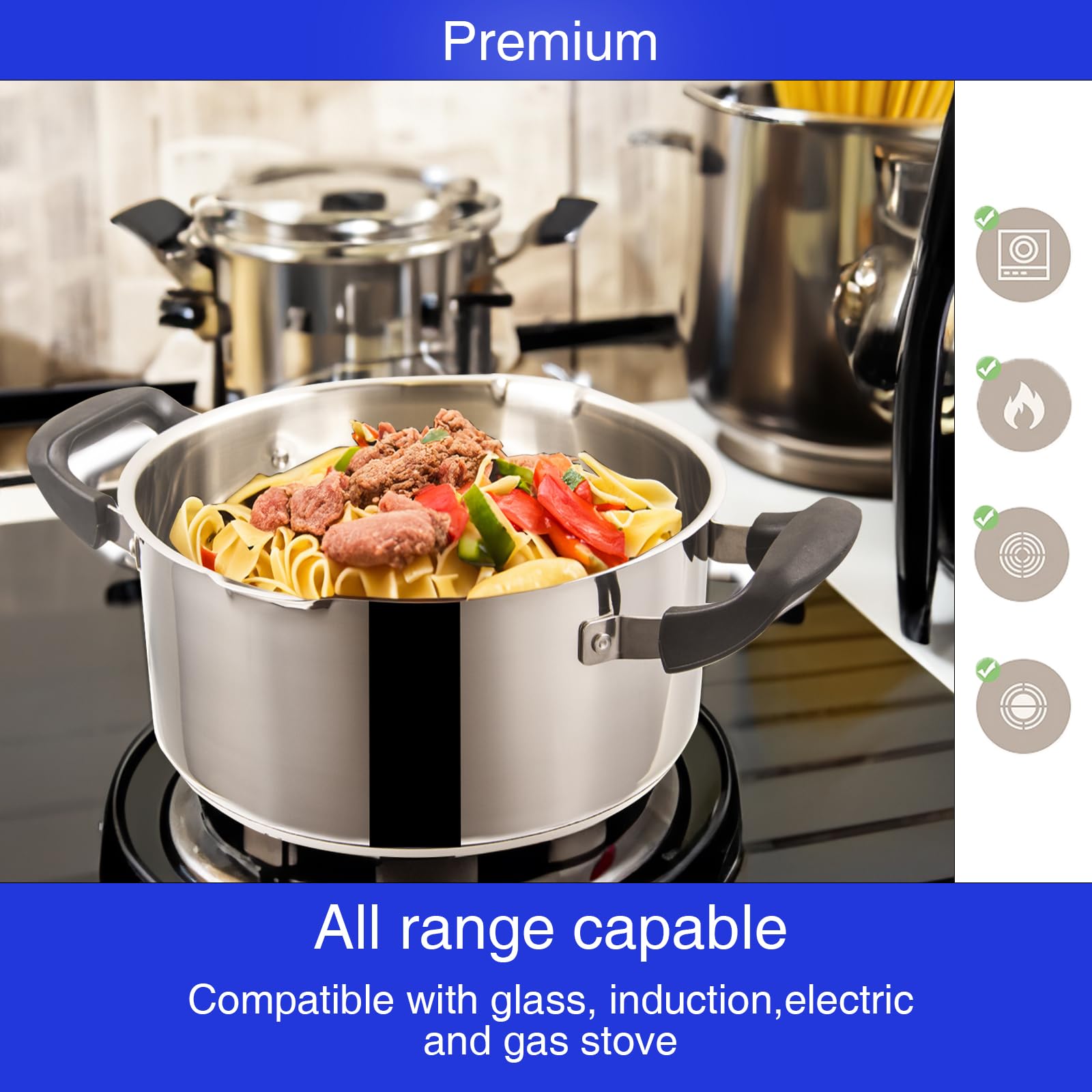 Stainless Steel Cookware Pasta Pot by Cyrder β 5 Quart, Strainer in Glass Lid, Two Side Spouts, Capsule Bottom Stock Pot, Durable & dishwasher safe