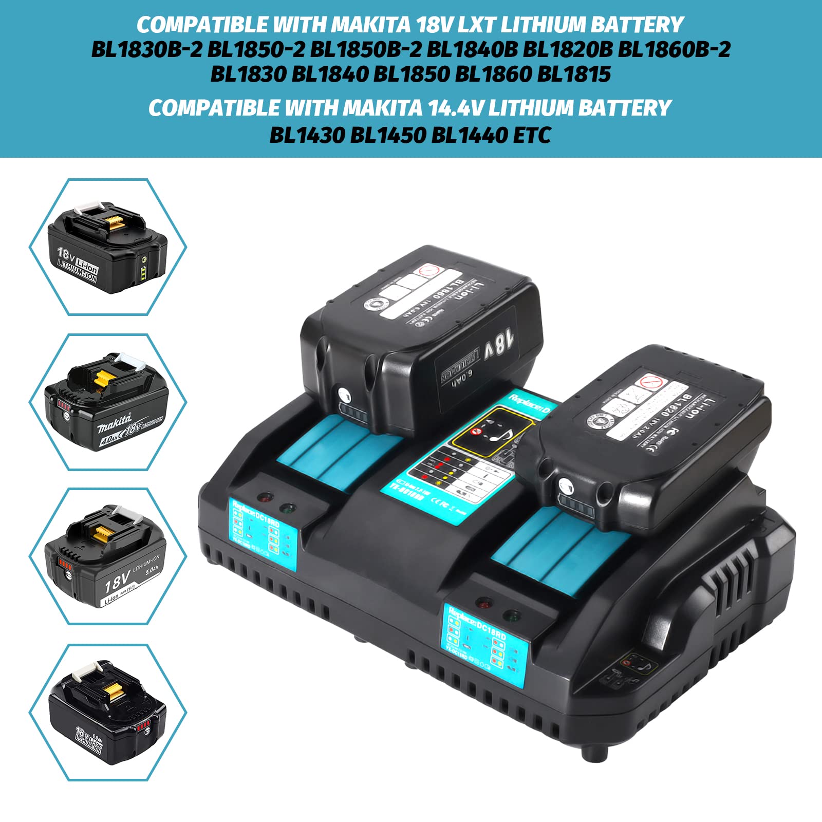 YEX-BUR DC18RD 18V Battery Charger Power Tools 6A Fast Dual Ports Charger for MT 14.4V 18V Lithium ion Battery BL1830B BL1850B BL1860B BL1430 BL1440B BL1450