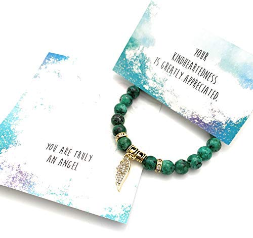 Smiling Wisdom - Angel Wing Appreciation Kindhearted Thank You Keepsake Greeting Card and Stretch Stone Bracelet - Green Rain Flower Stones - 7.5 inches Medium
