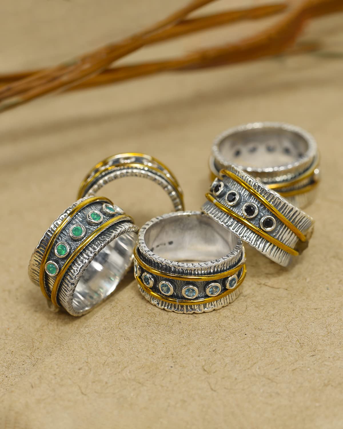 YoTreasure London Blue Topaz Oxidized 925 Sterling Silver Brass Spinner Ring