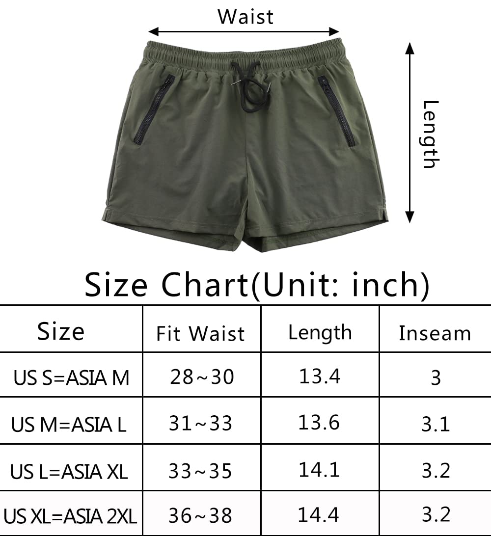 Rexcyril Men's Athletic Gym Workout Shorts 3 Inch Quick Dry Running Bodybuilding Short Shorts with Liner and Zipper Pockets, Army Green, Medium